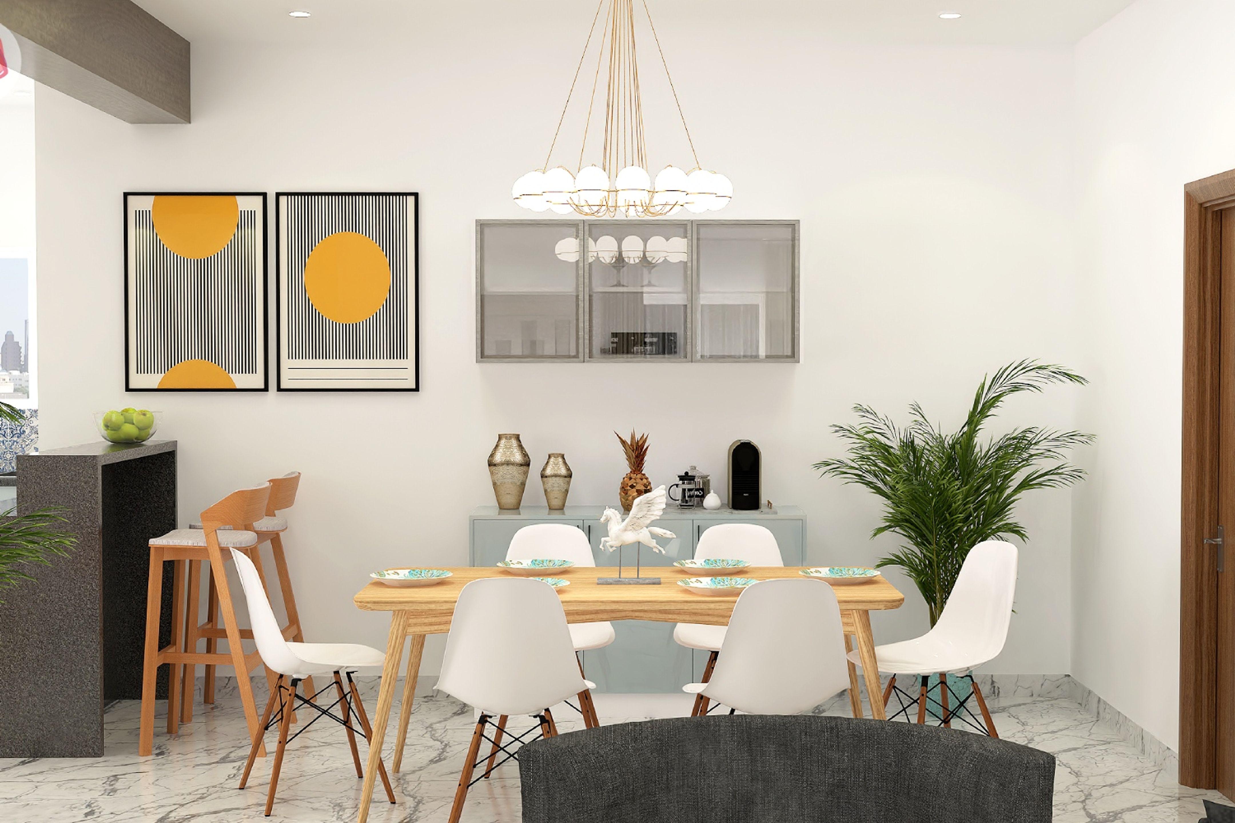 6-Seater Wooden Dining Room Design With Chandelier - 11x9 Ft | Livspace