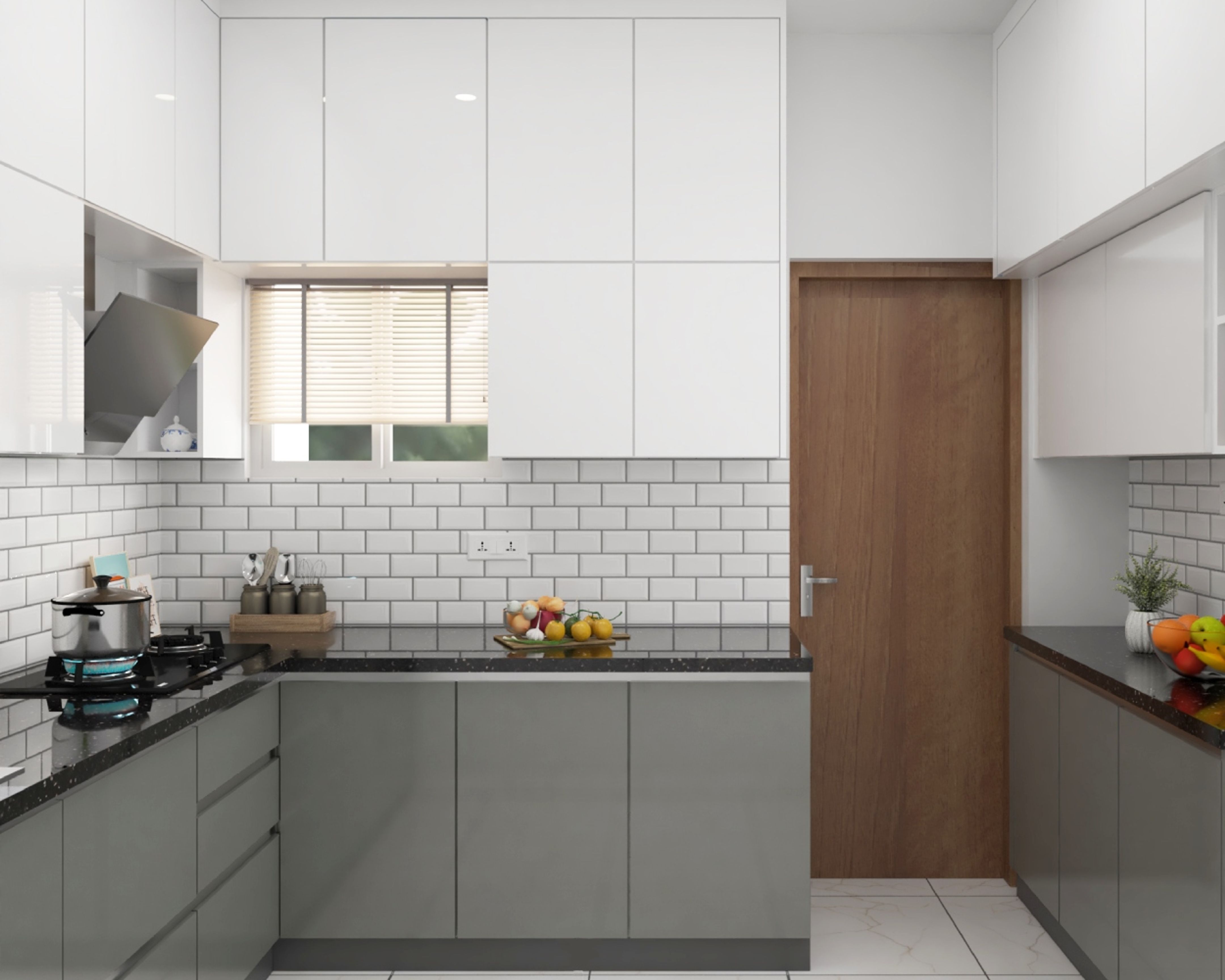 Modern L-Shaped Modular Kitche Design With Dove Grey And Frosty White Cabinets - 10x10 Ft | Livspace