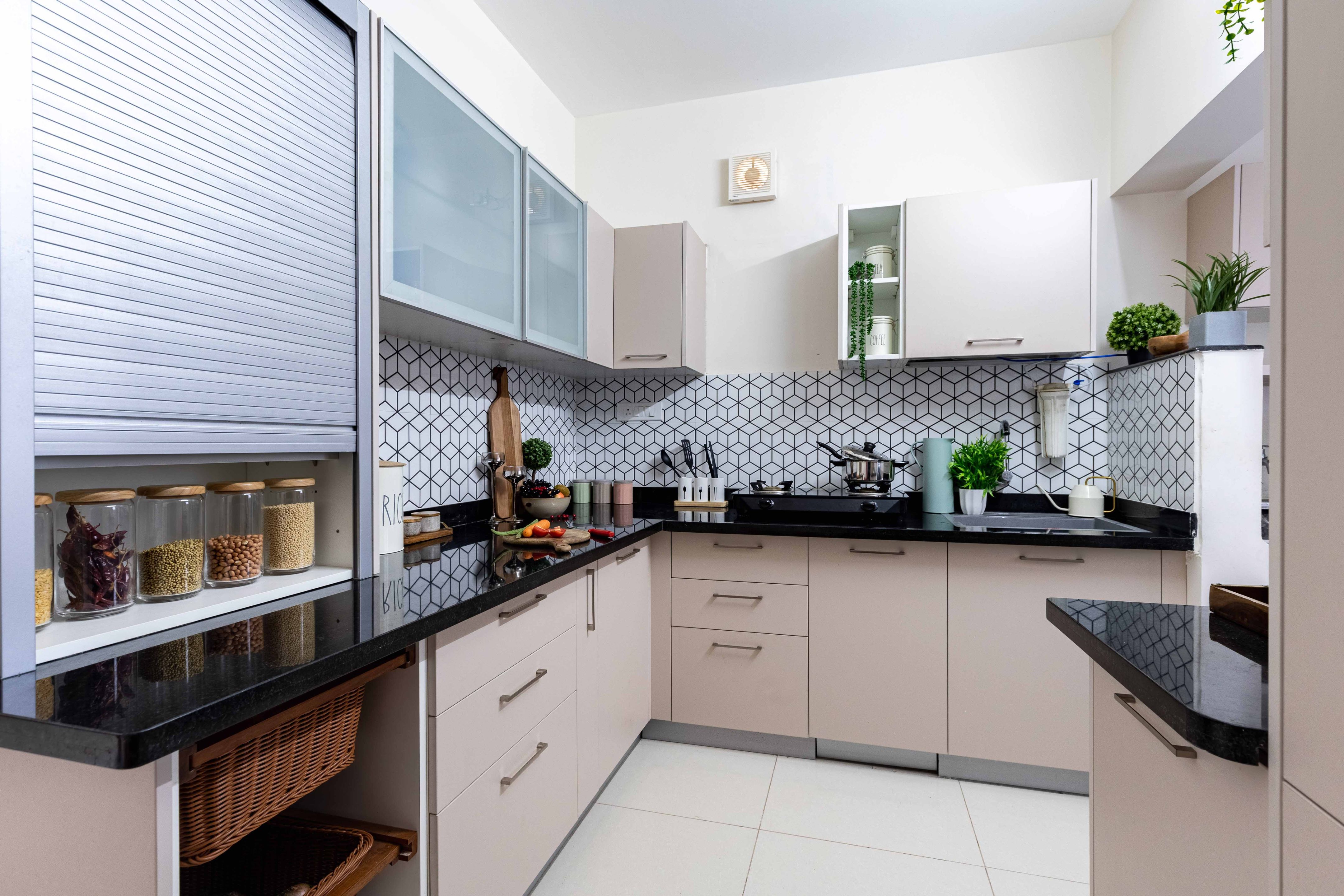 Modern L-Shaped Kitchen Design with Sand Satin Cabinets - 12x9 Ft ...