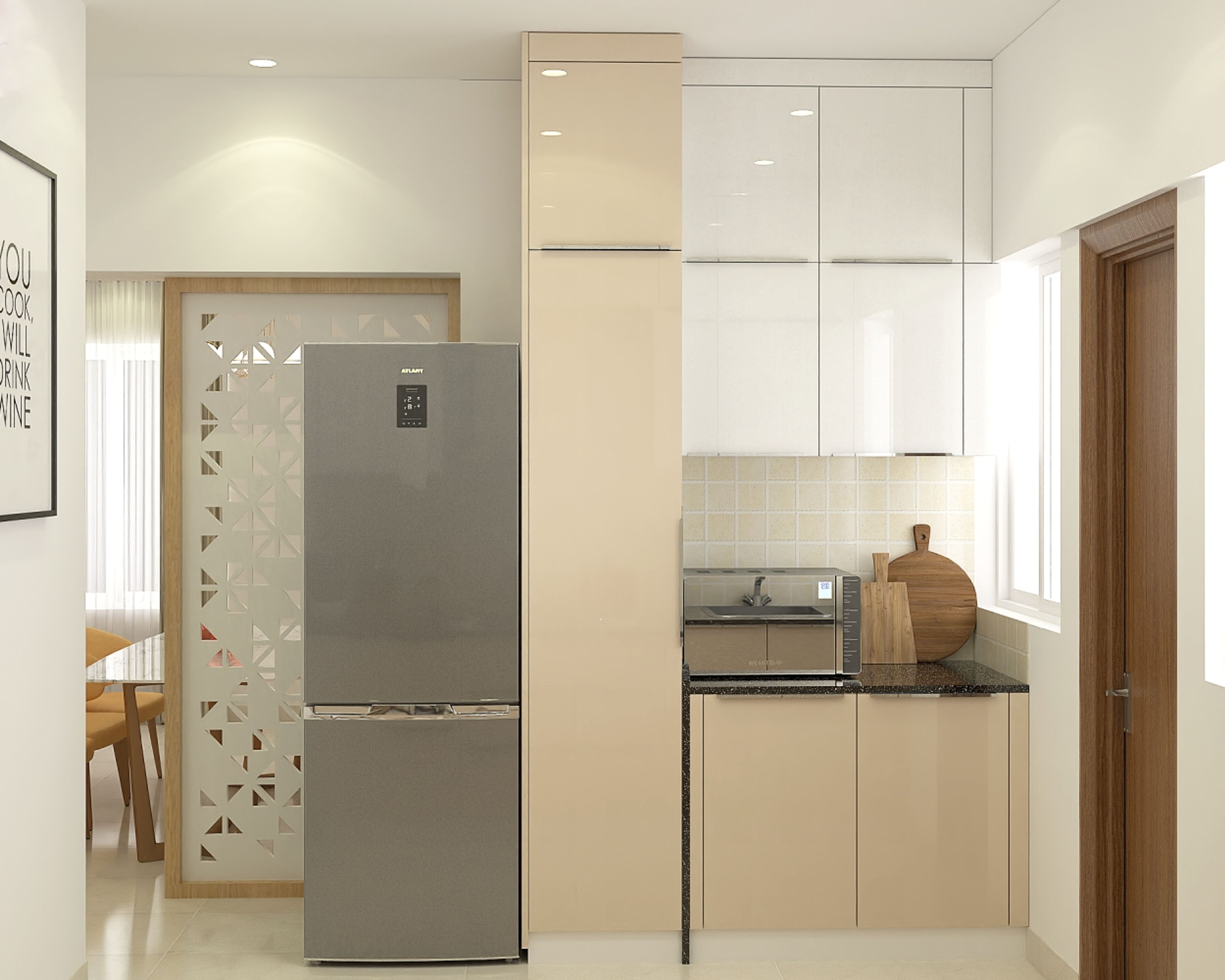 Modular Beige And Frosty White Parallel Kitchen Design | Livspace