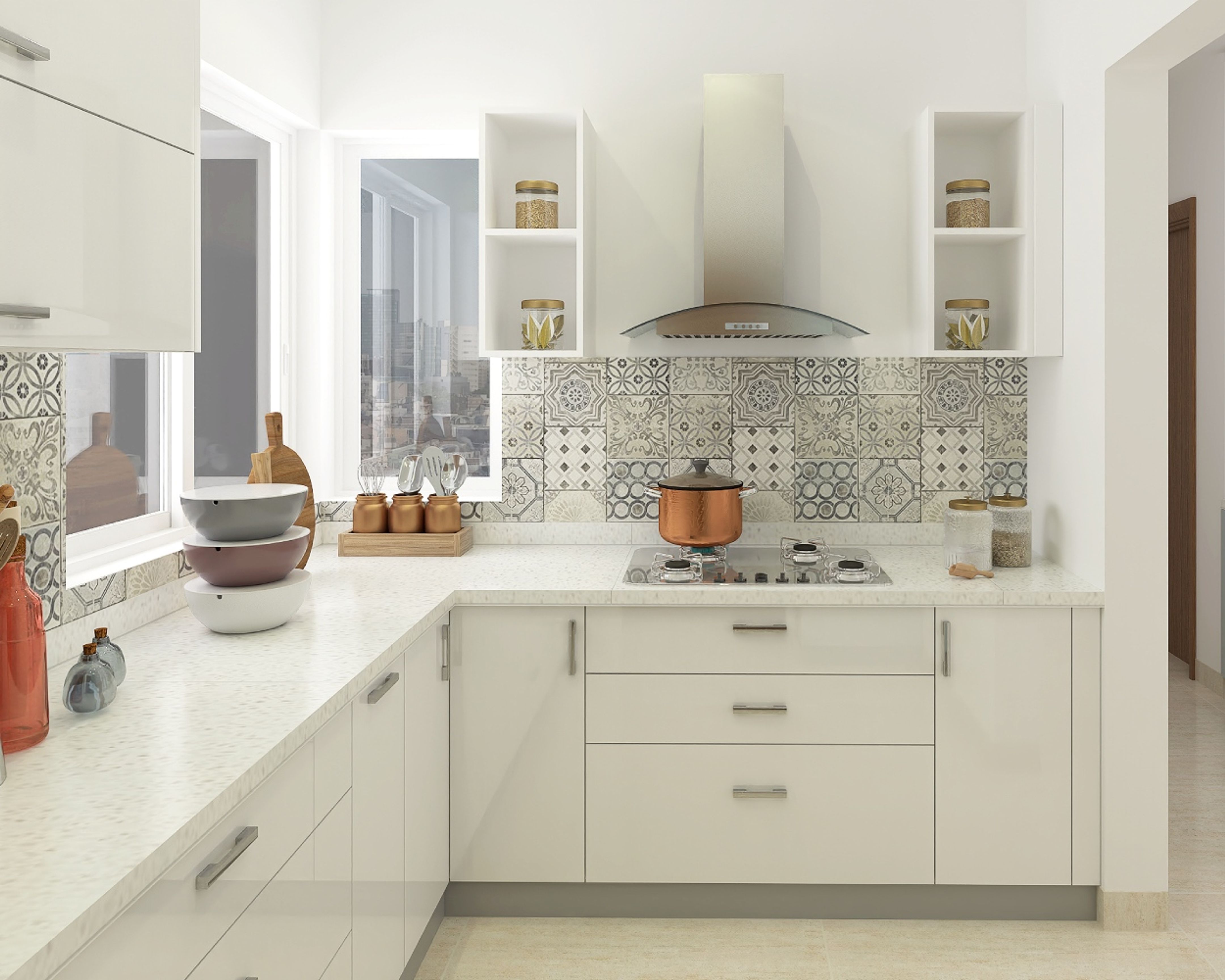 Contemporary Frosty White Kitchen Design with High Gloss Finish and Marble Countertop - 10x9 Ft ...