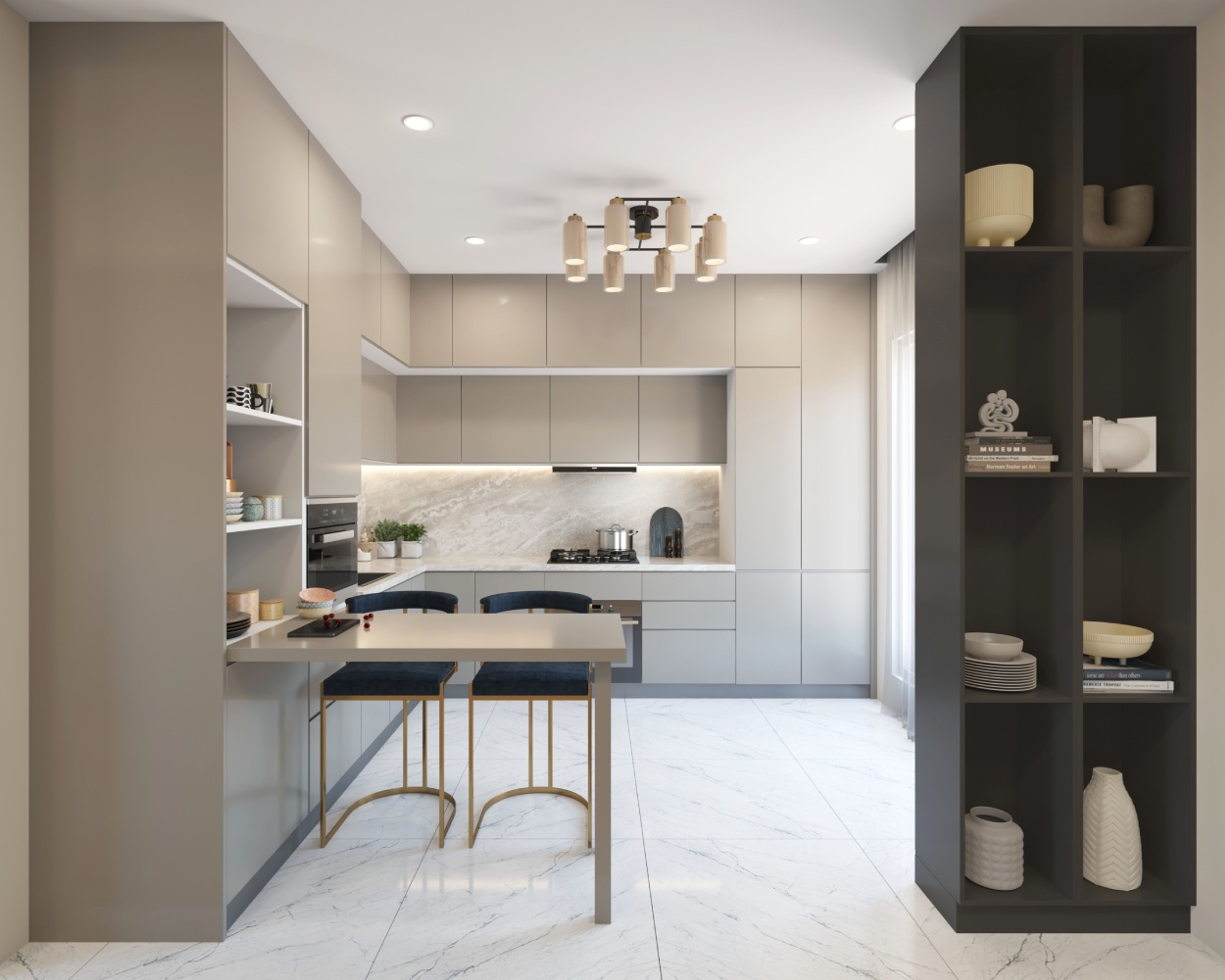 Modern Modular L Shape Kitchen Design In Pumic Grey Tones - 11x11 Ft ...