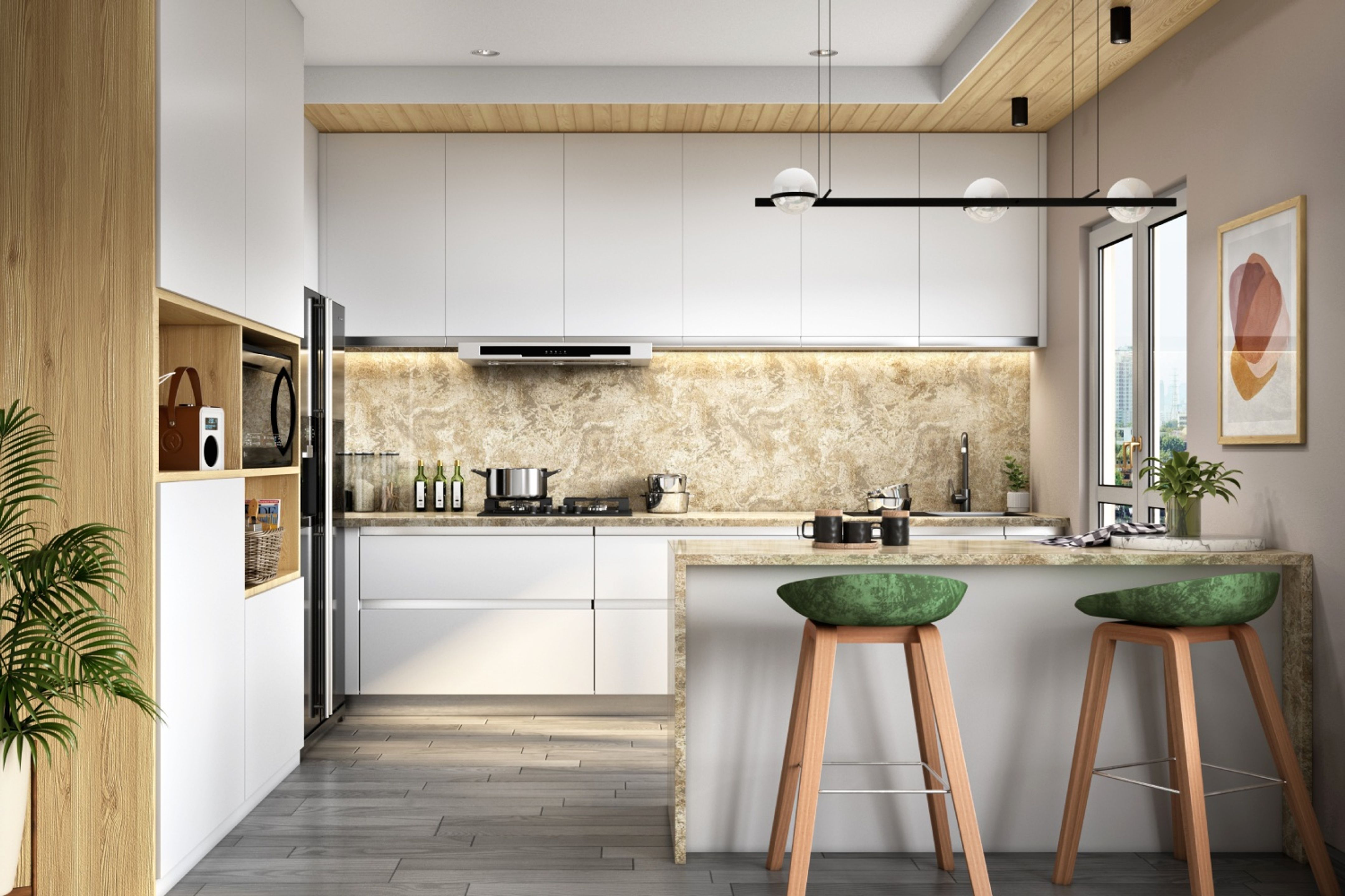 White And Brown Modular Open Kitchen Design - 12x11 Ft | Livspace