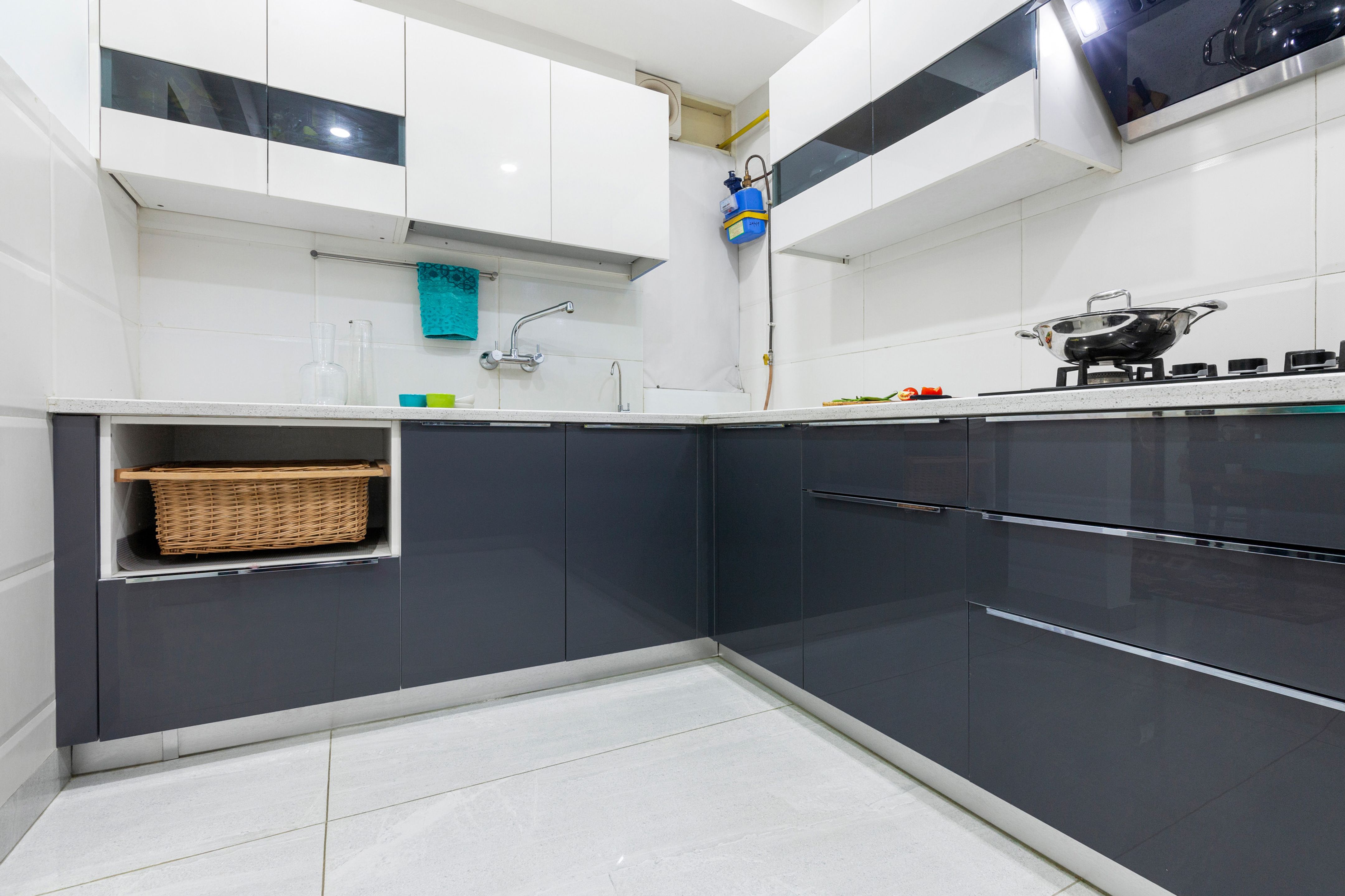 Modern U-Shaped Modular Kitchen Design With Slate Grey Base and Frosty ...