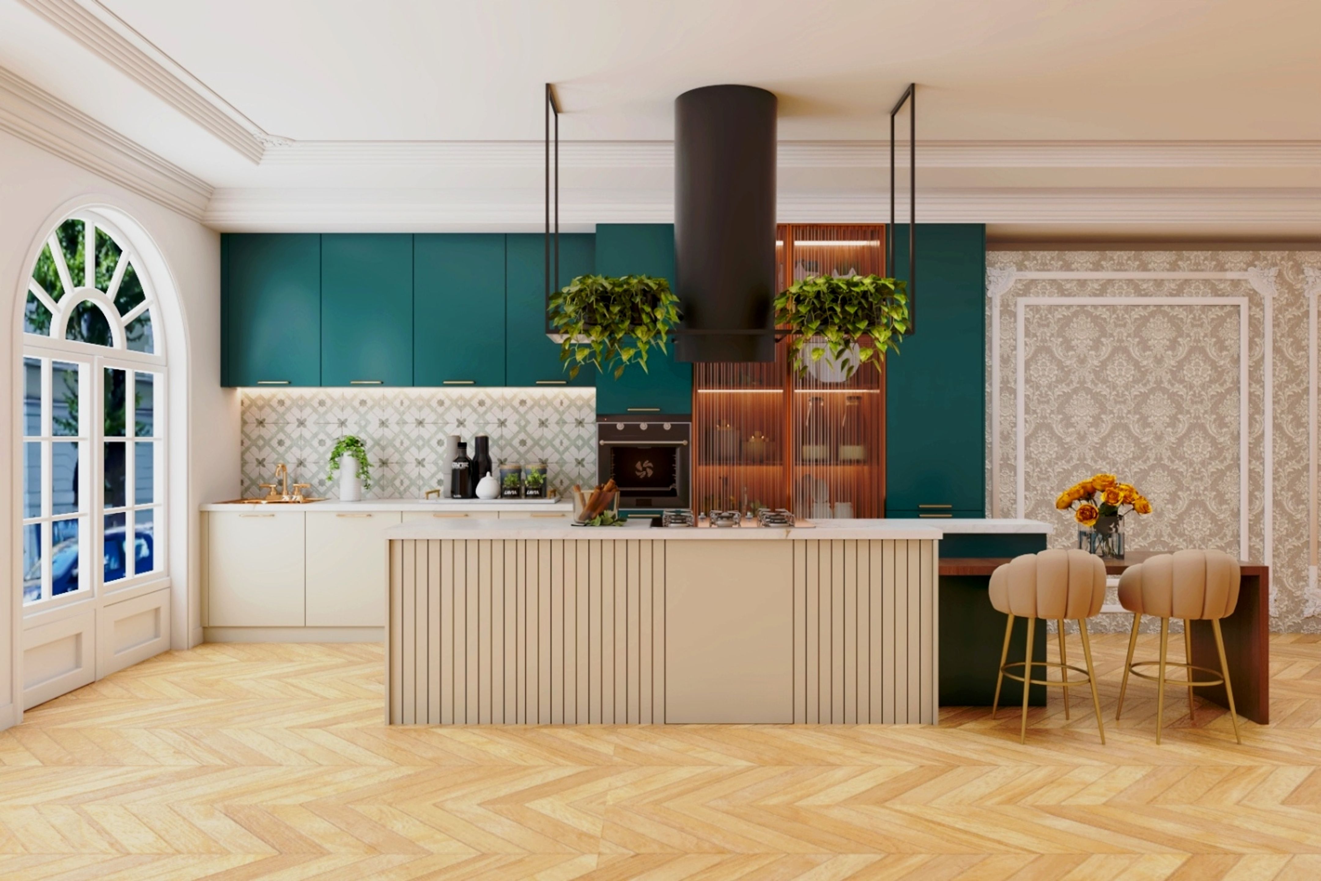 Caruba Green And Inverno Beige Modular Island Kitchen Design With ...