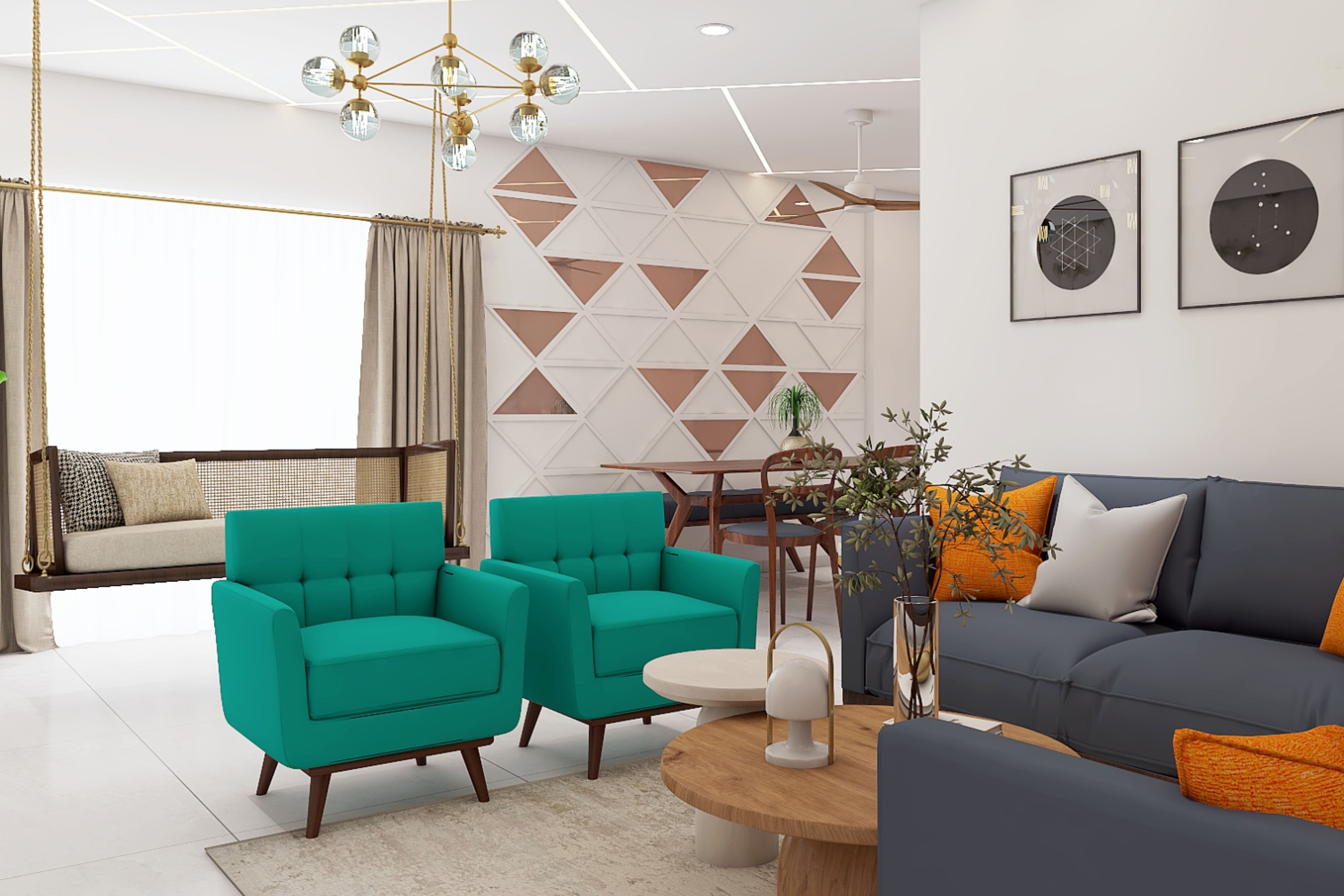 Living Room Design With Grey Upholstered Sofa And 2-Tiered Wooden ...