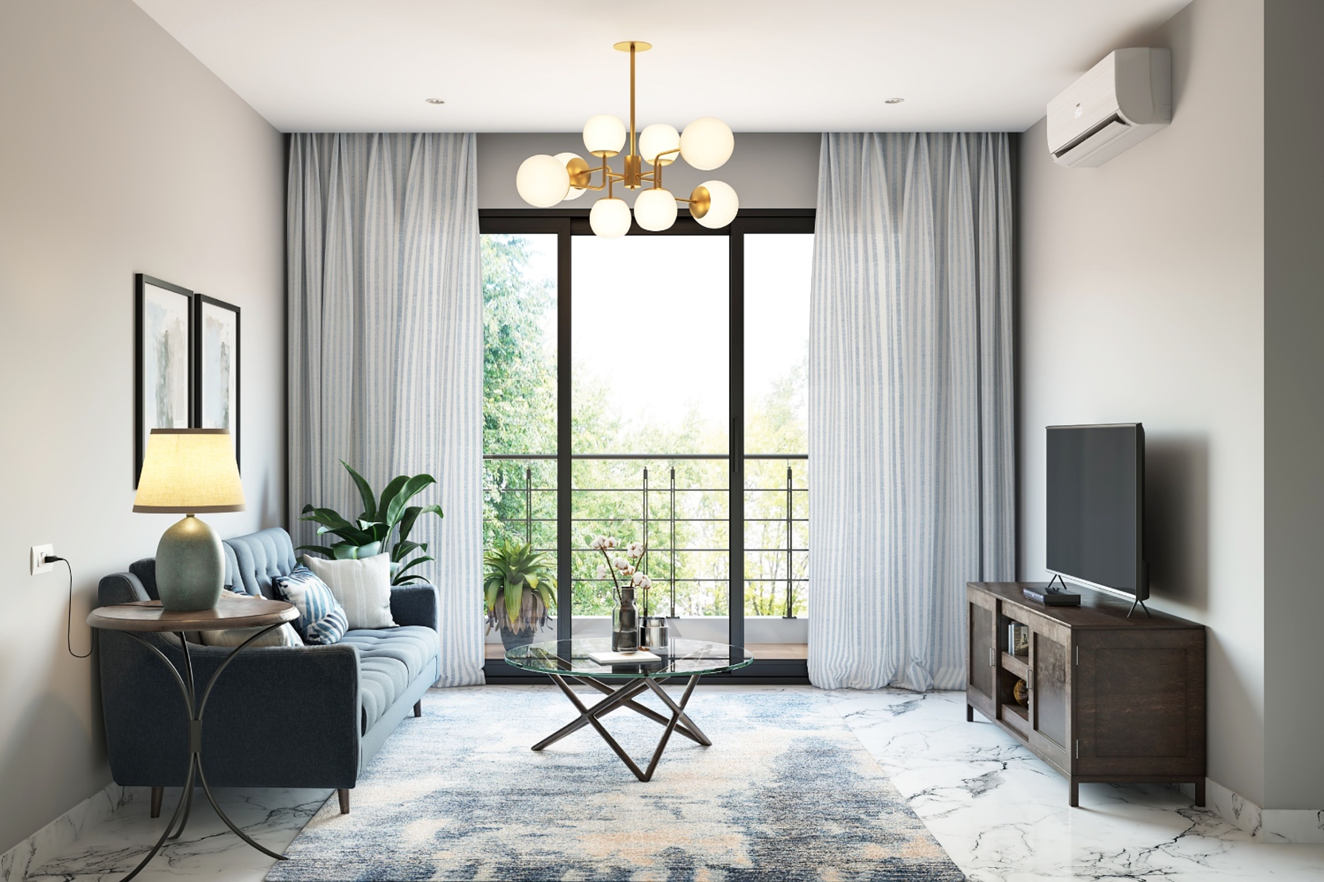 Living Room Design With Blue 3-Seater Sofa And Grey Accent Wall - 13x11 ...