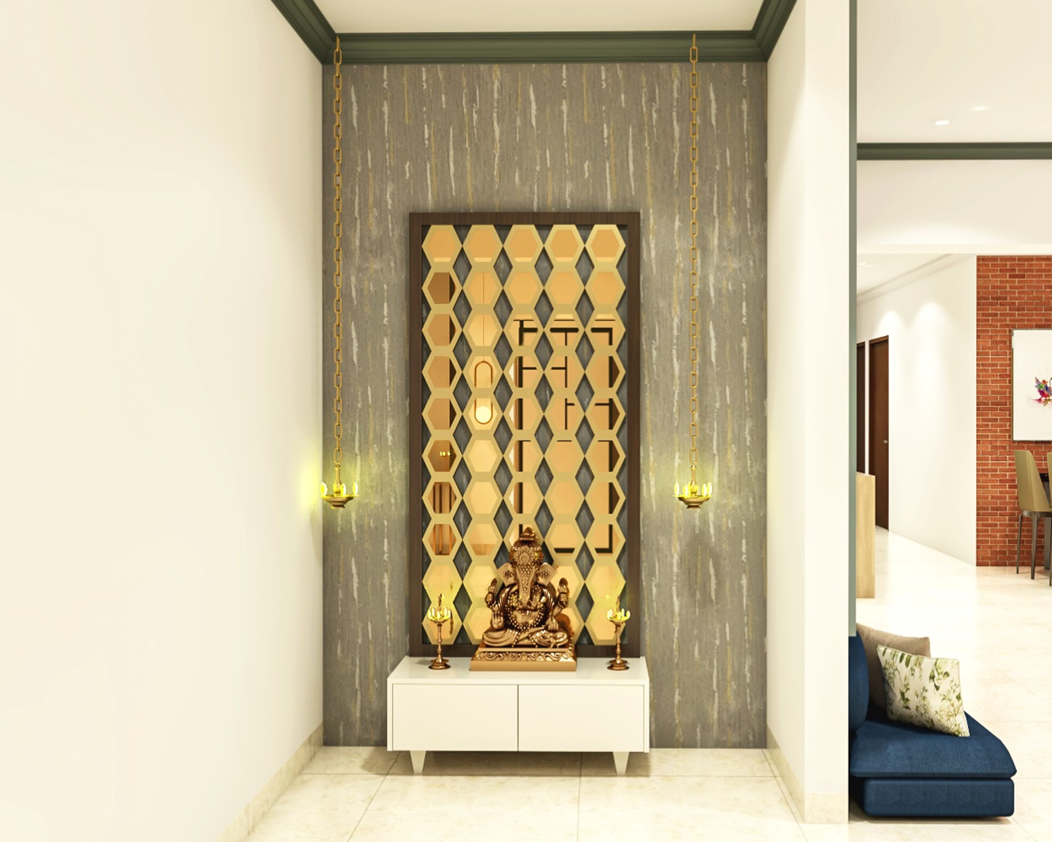 Floor-Mounted Frosty White Mandir Unit With Hexagonal Mirrored Wall ...