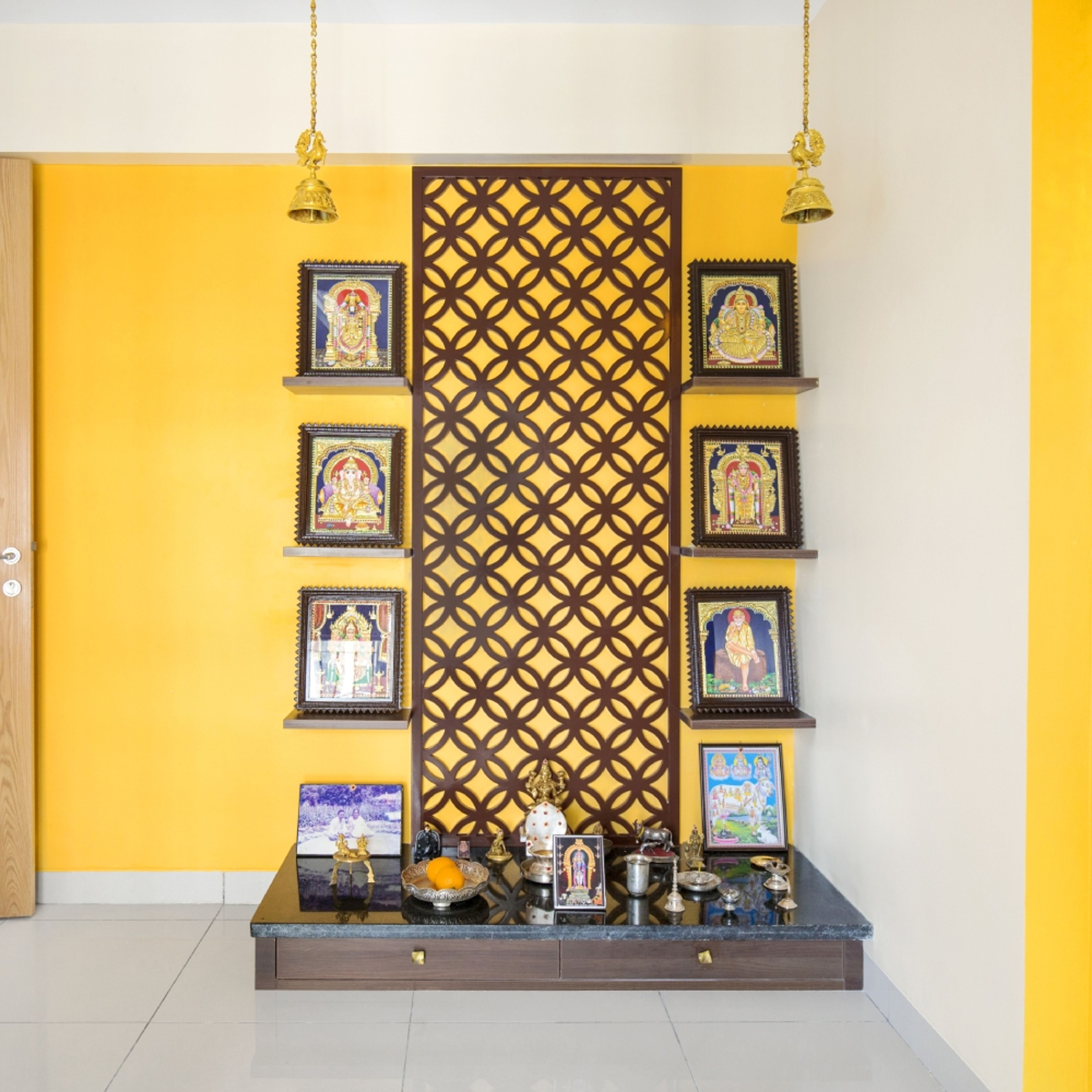 Floor-Mounted Mandir Unit With CNC-Cut Wooden Panel And Yellow Accent ...