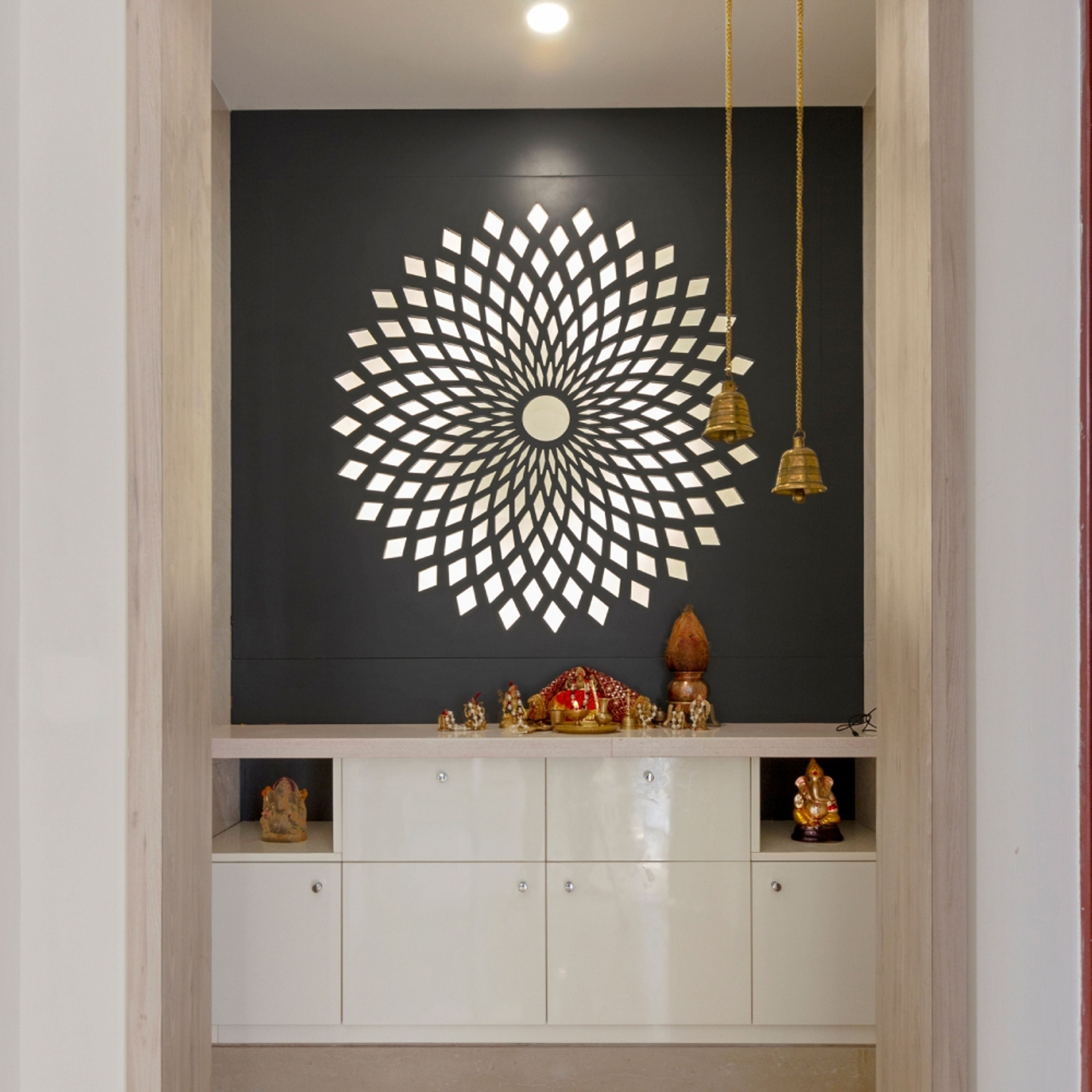 Frosty White Mandir Unit With Ornate Backlit Mandala - 7x1x7 Ft | Livspace