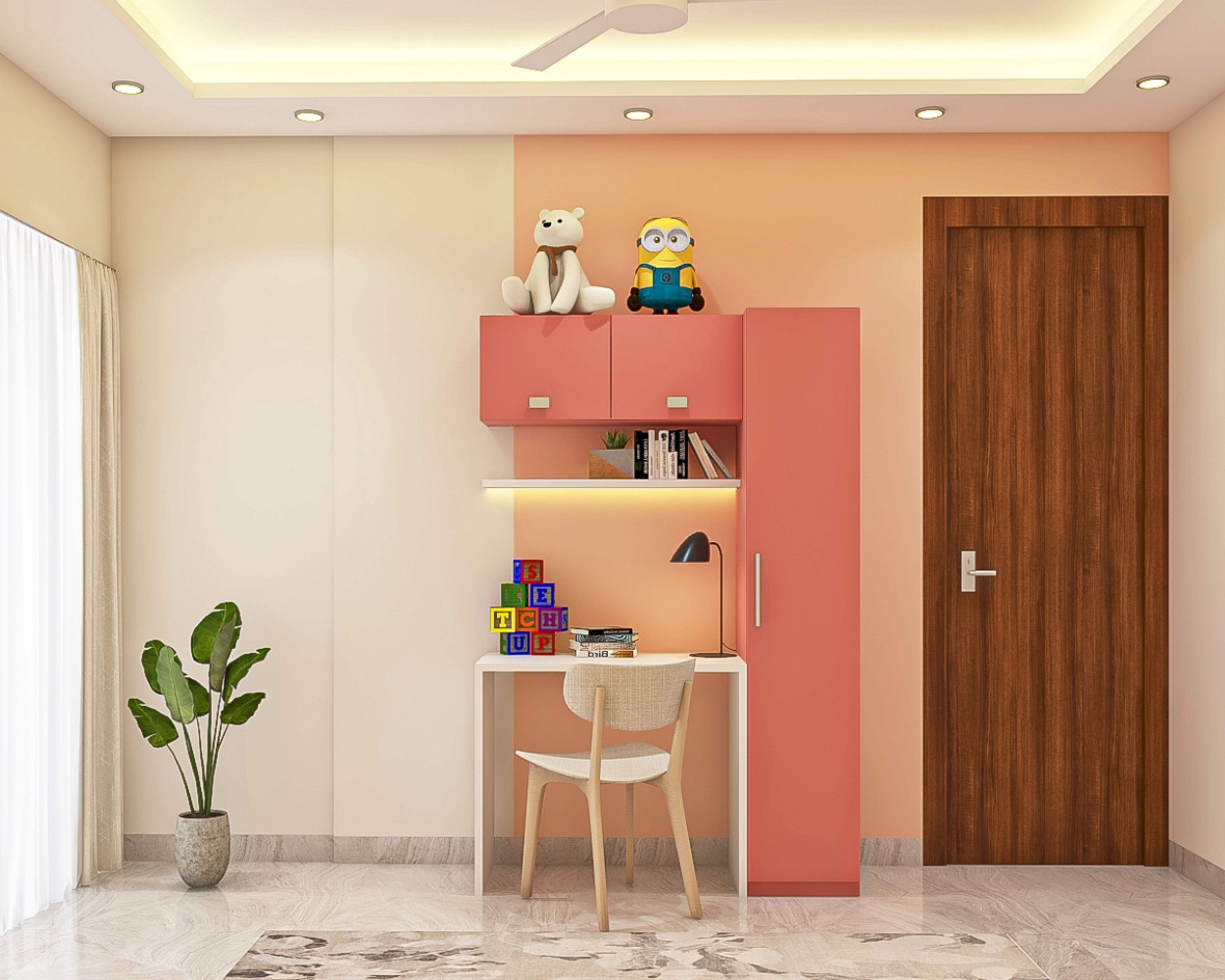 Compact White And Pink Study Room Design With Beige Upholstered Chair ...