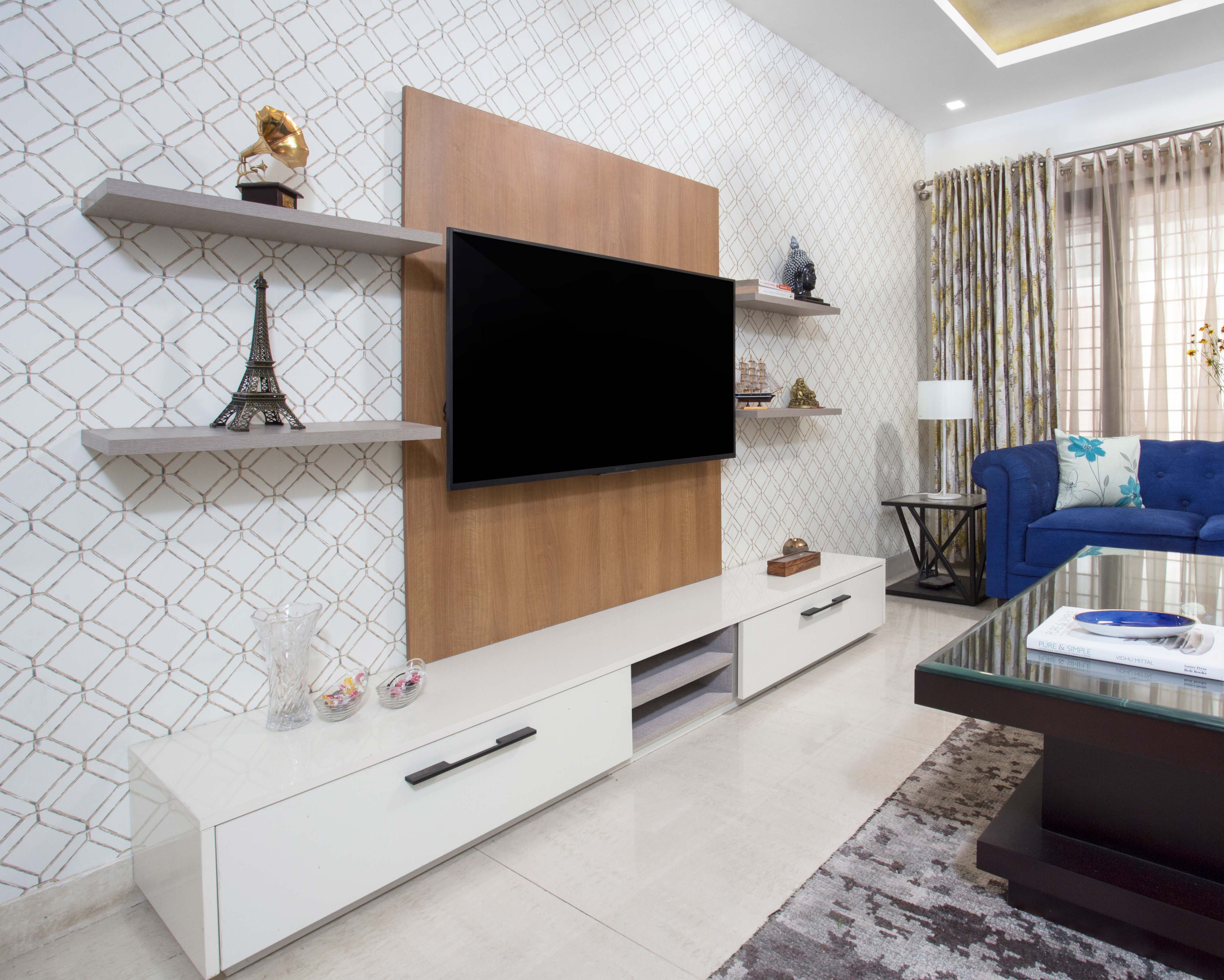 Walnut Bronze And Frosty White TV Unit Design With Geometric Wallpaper ...