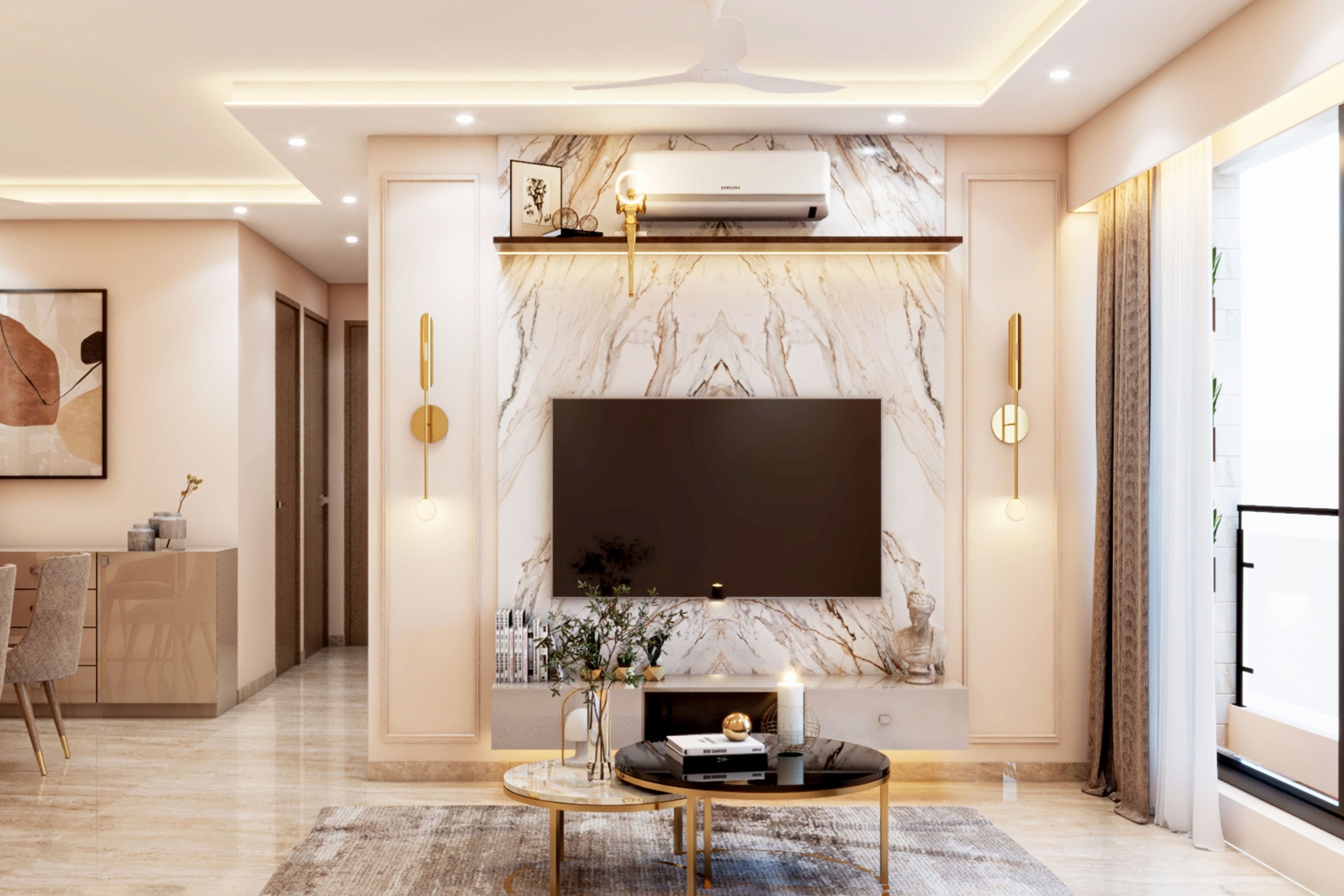 Smoke Grey TV Unit Design With Marble Accent Wall - 12x11 Ft | Livspace