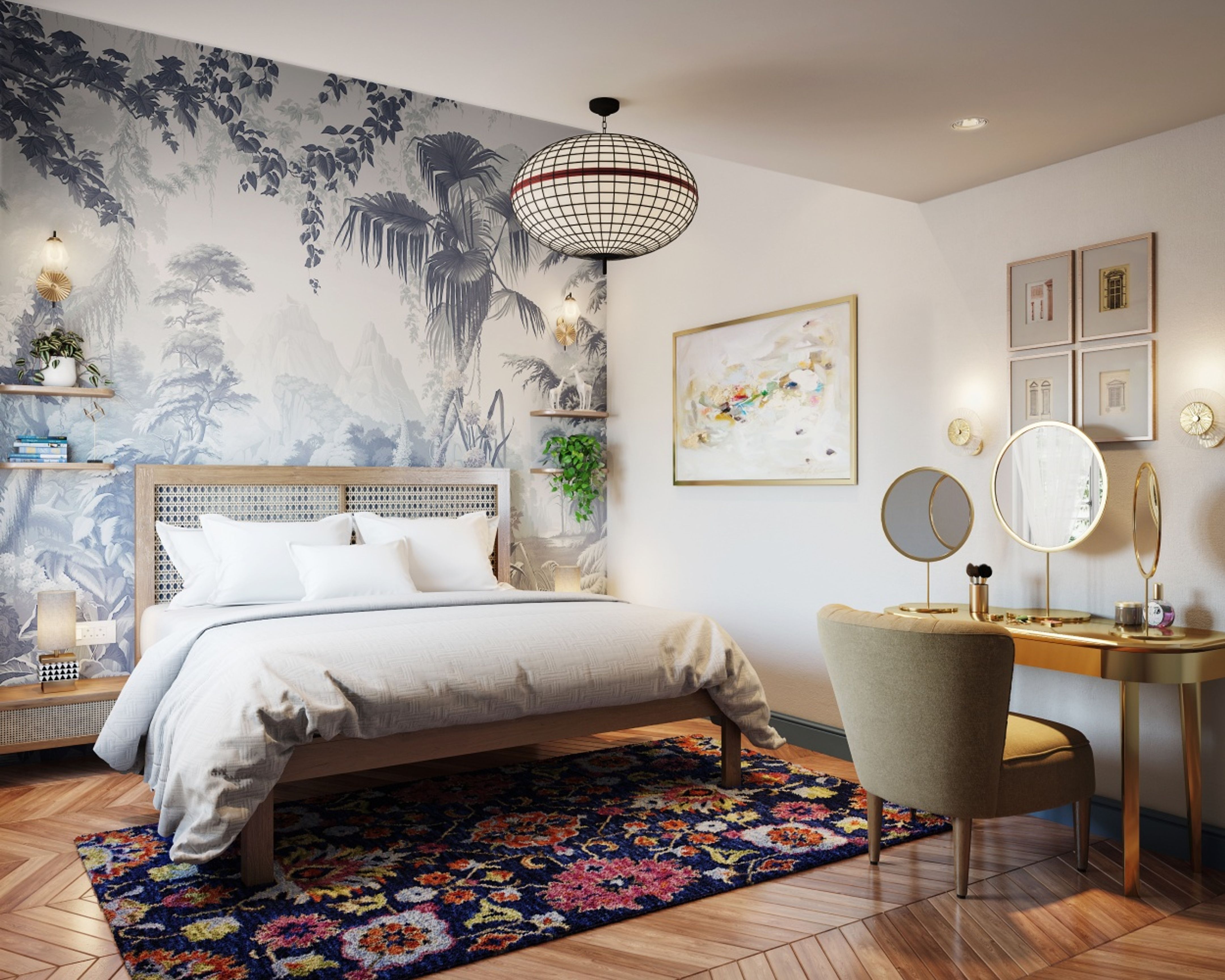 Grey And White Tropical Bedroom Wallpaper Design Livspace