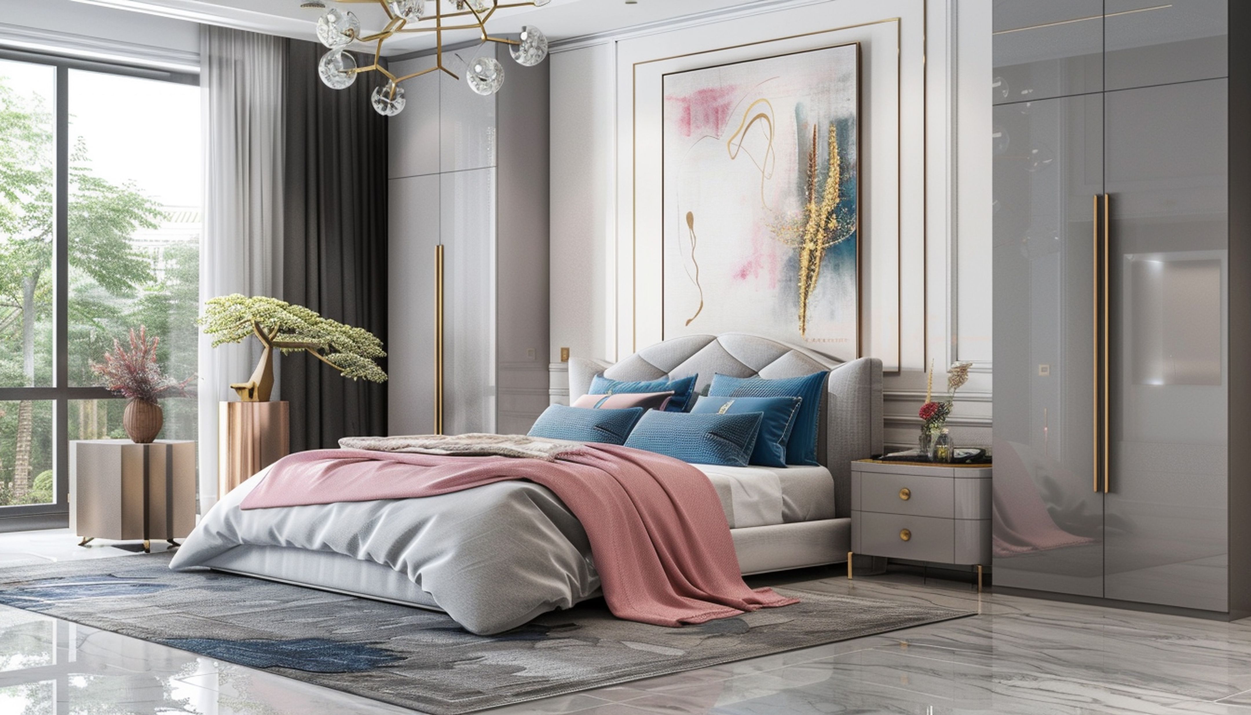 Modern Master Bedroom Design: King Bed with Grey Headboard and Golden Trims | Livspace