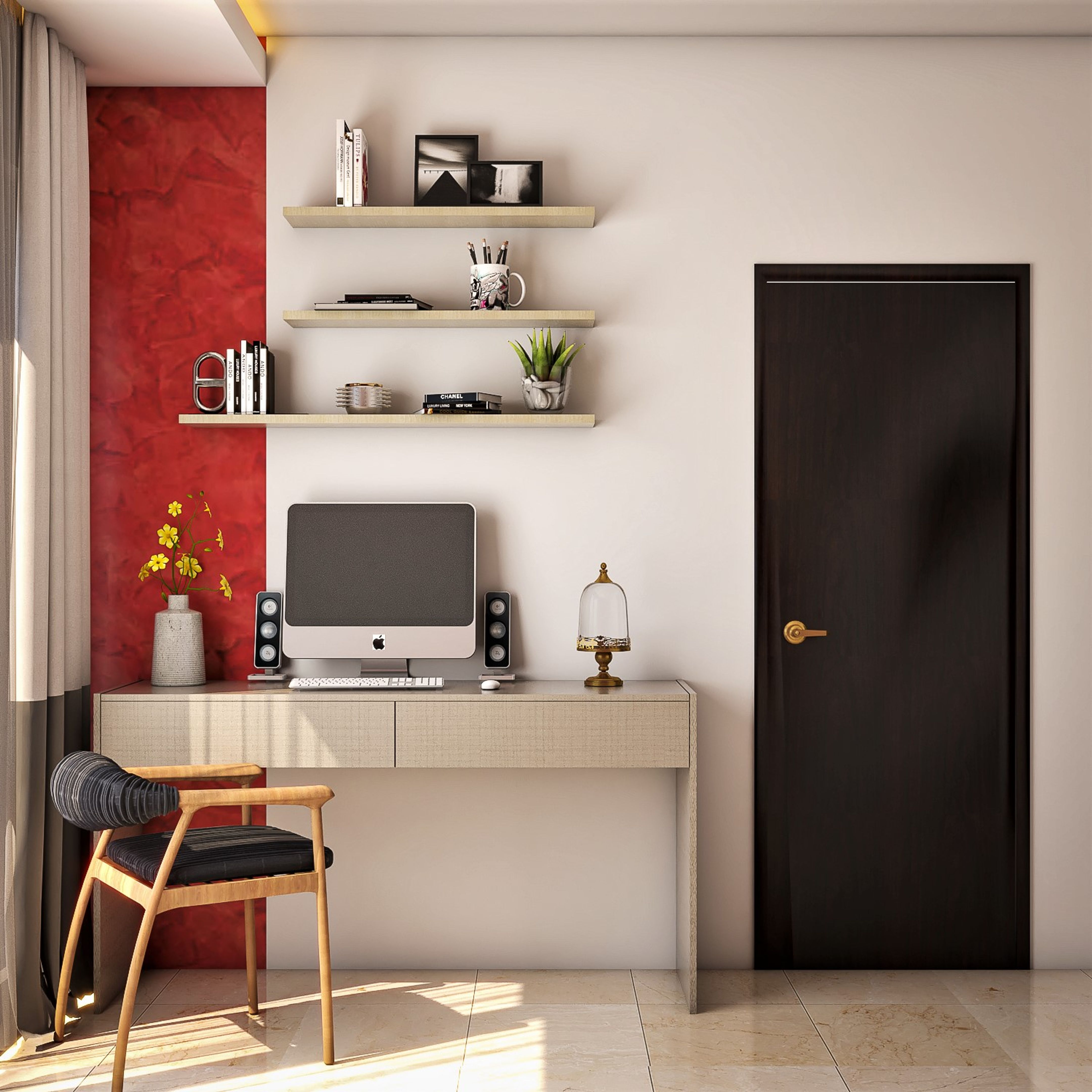 Compact study with Wooden Elements and Pop of Red on Accent Wall | Livspace