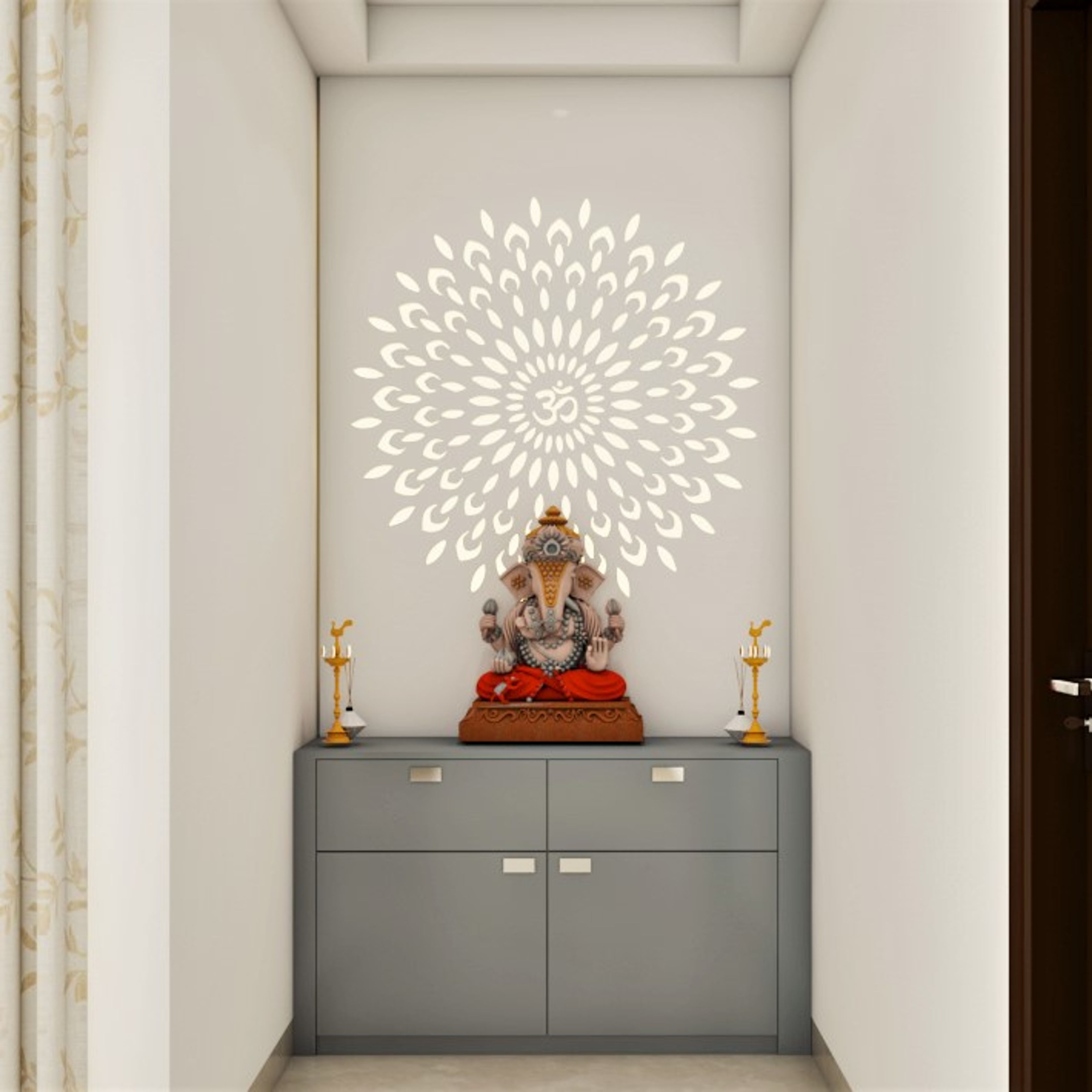 Compact Multifunctional Pooja Room with Cabinet Storage | Livspace