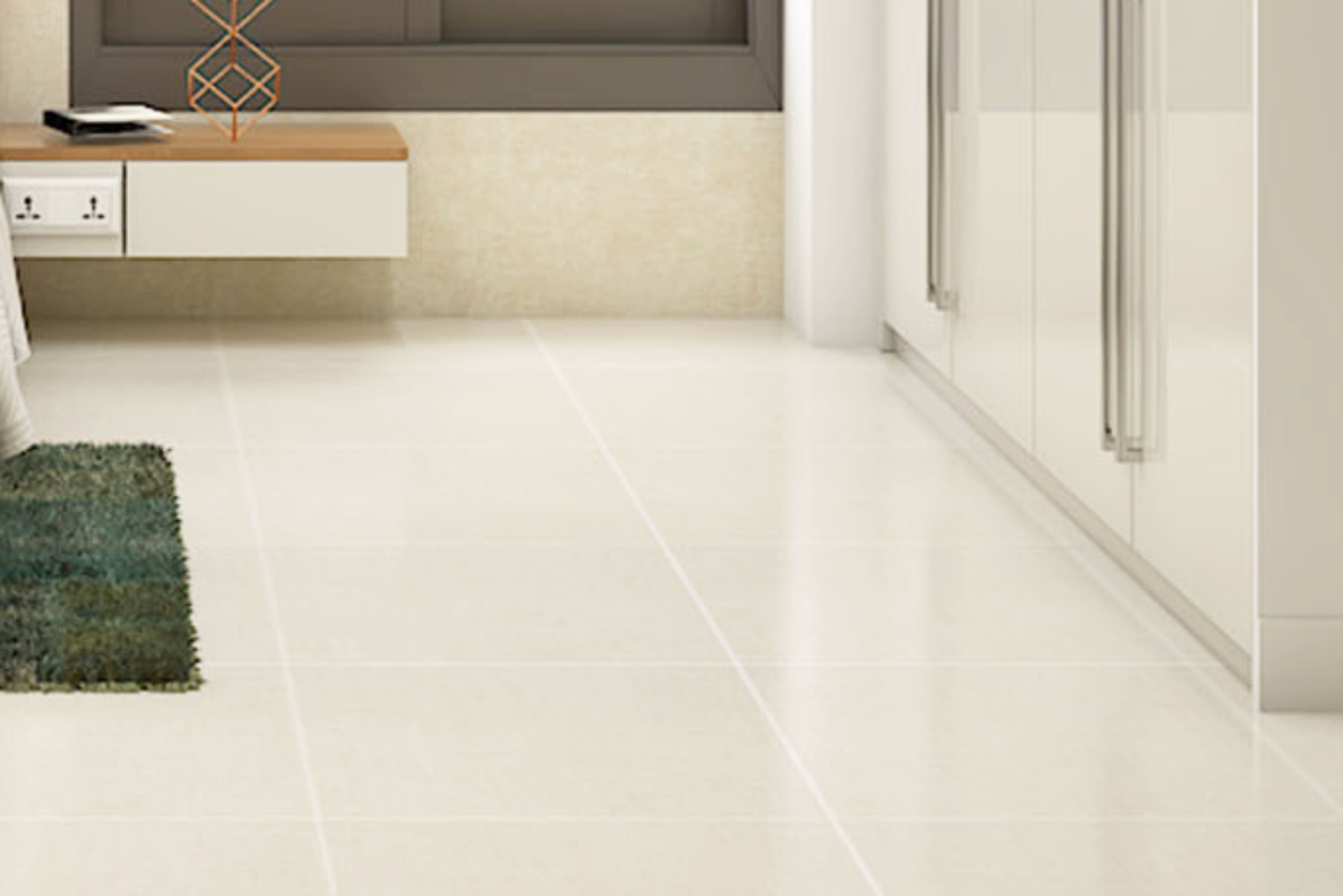 Glossy Flooring Design With Sqaure Beige Tiles | Livspace