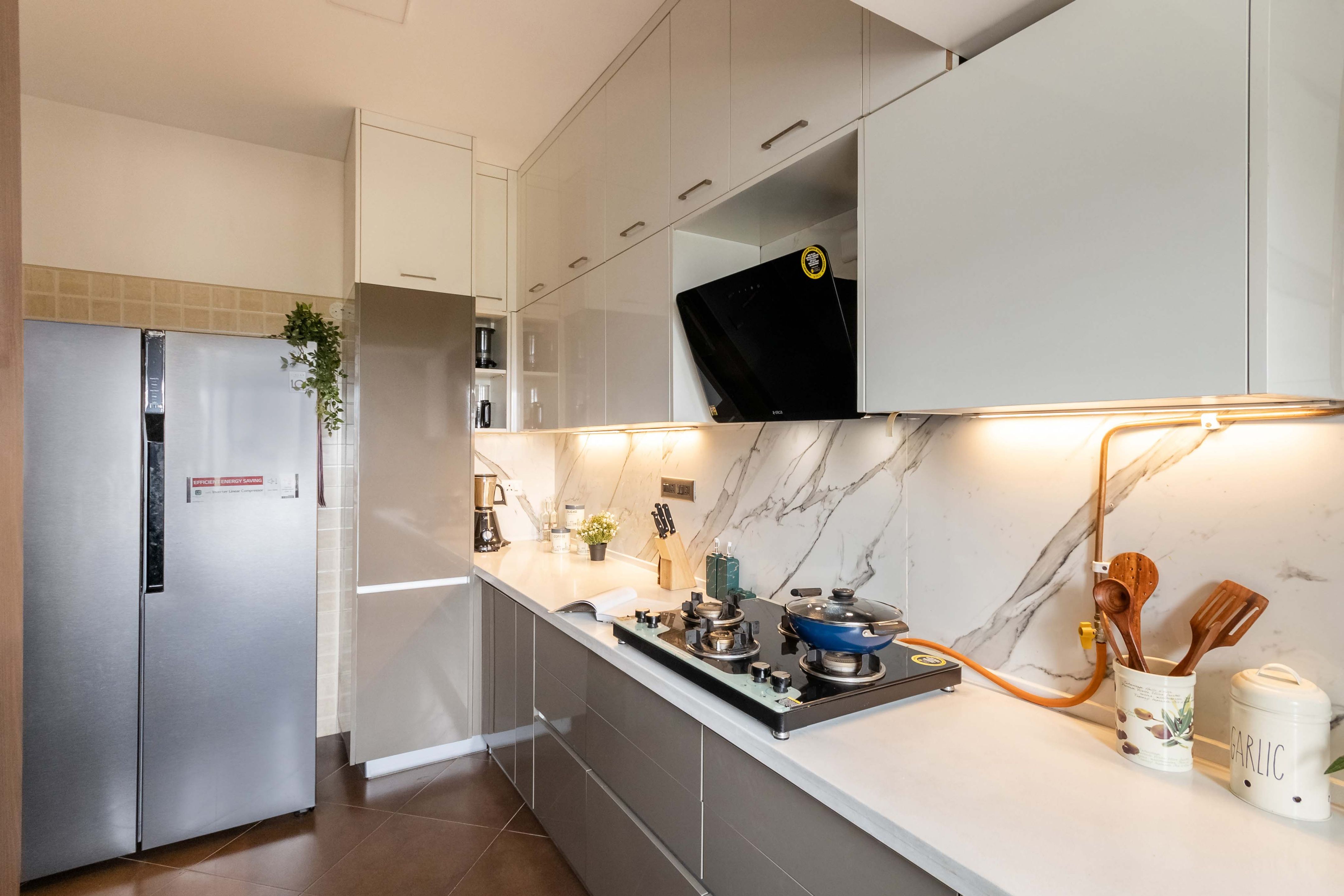 Open Modular Kitchen Design With White Loft Units - 12x9 Ft | Livspace