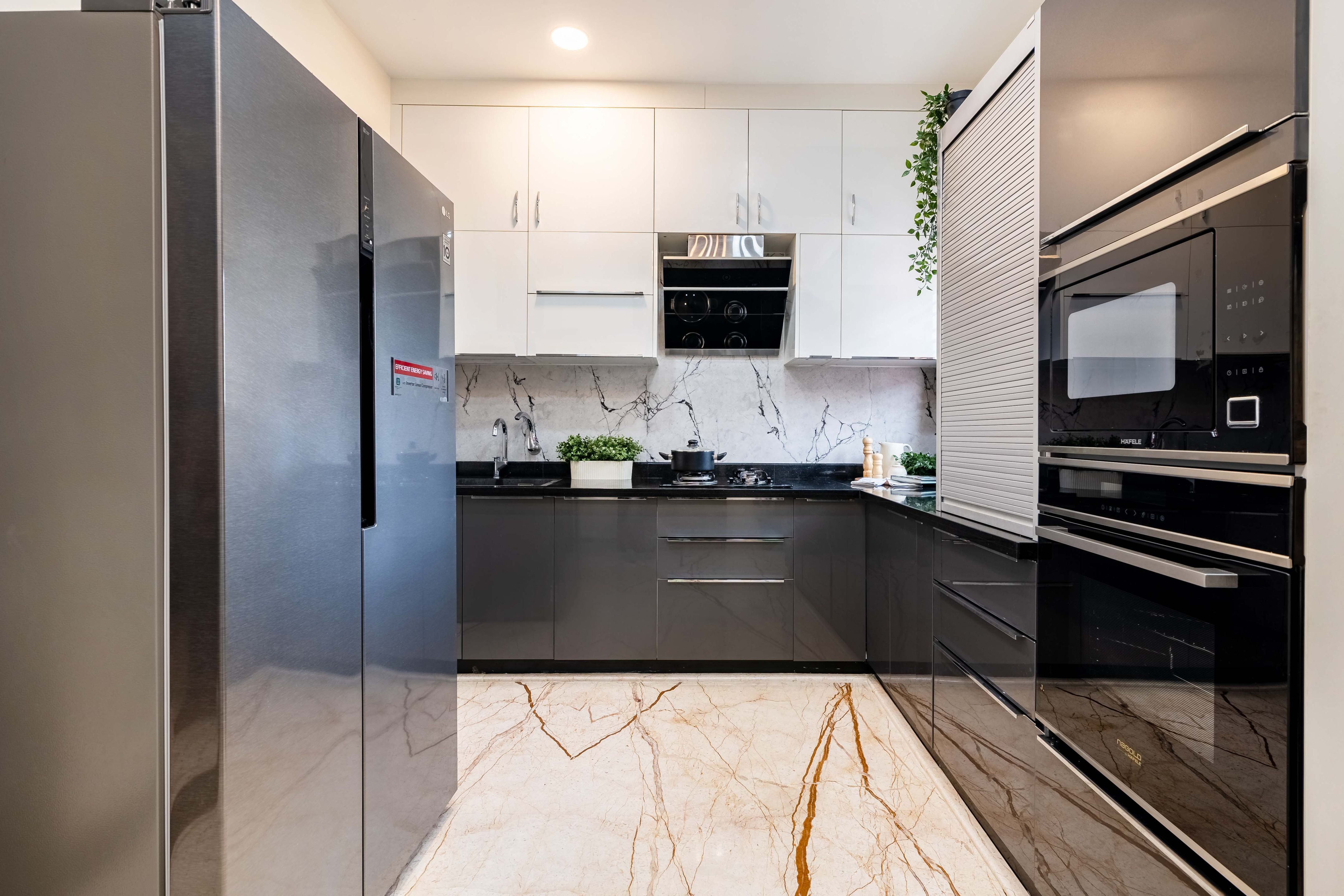 L-Shaped Modular Kitchen Design With OTG And Oven Storage Units | Livspace