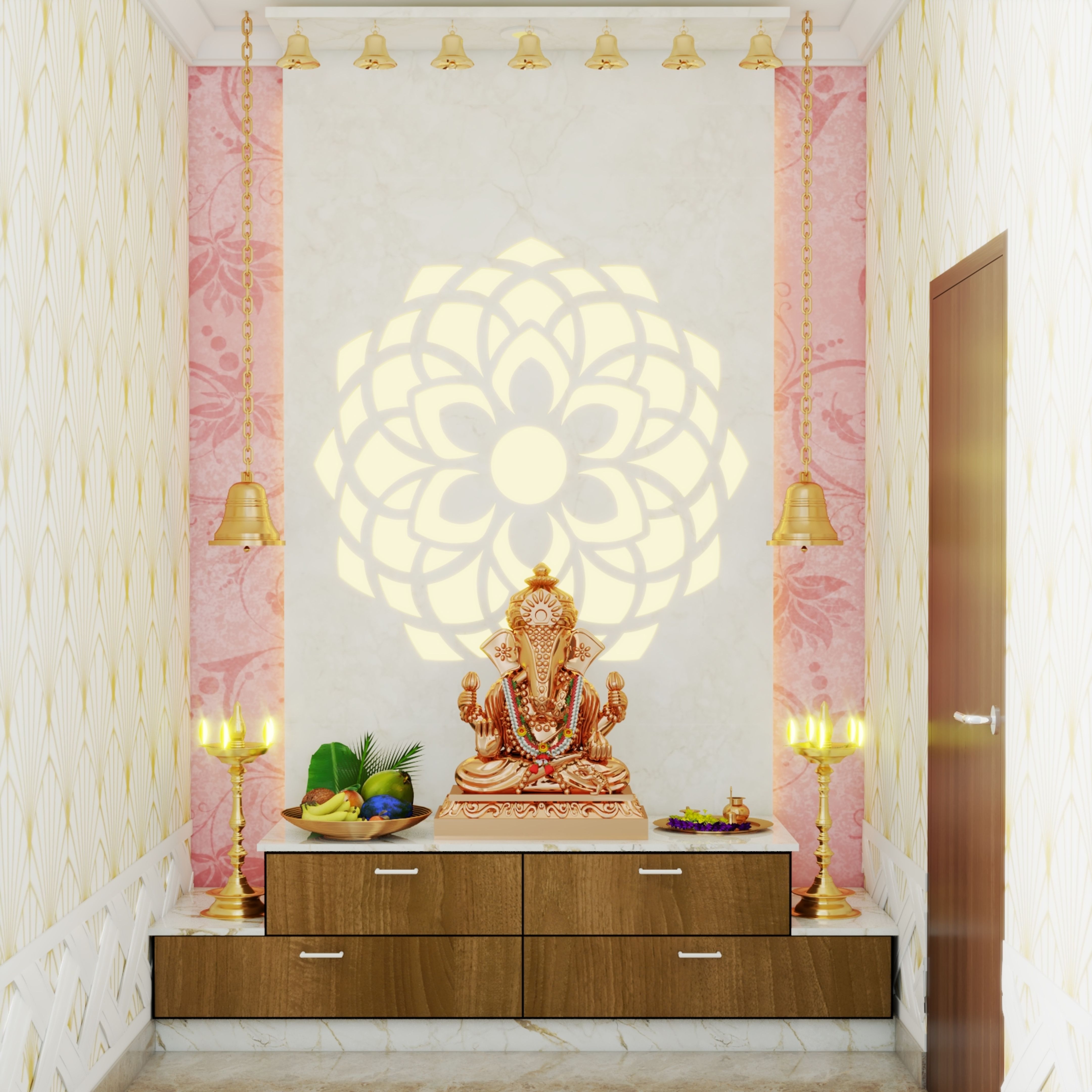 Pooja Room Design With Pink Floral Wallpaper | Livspace