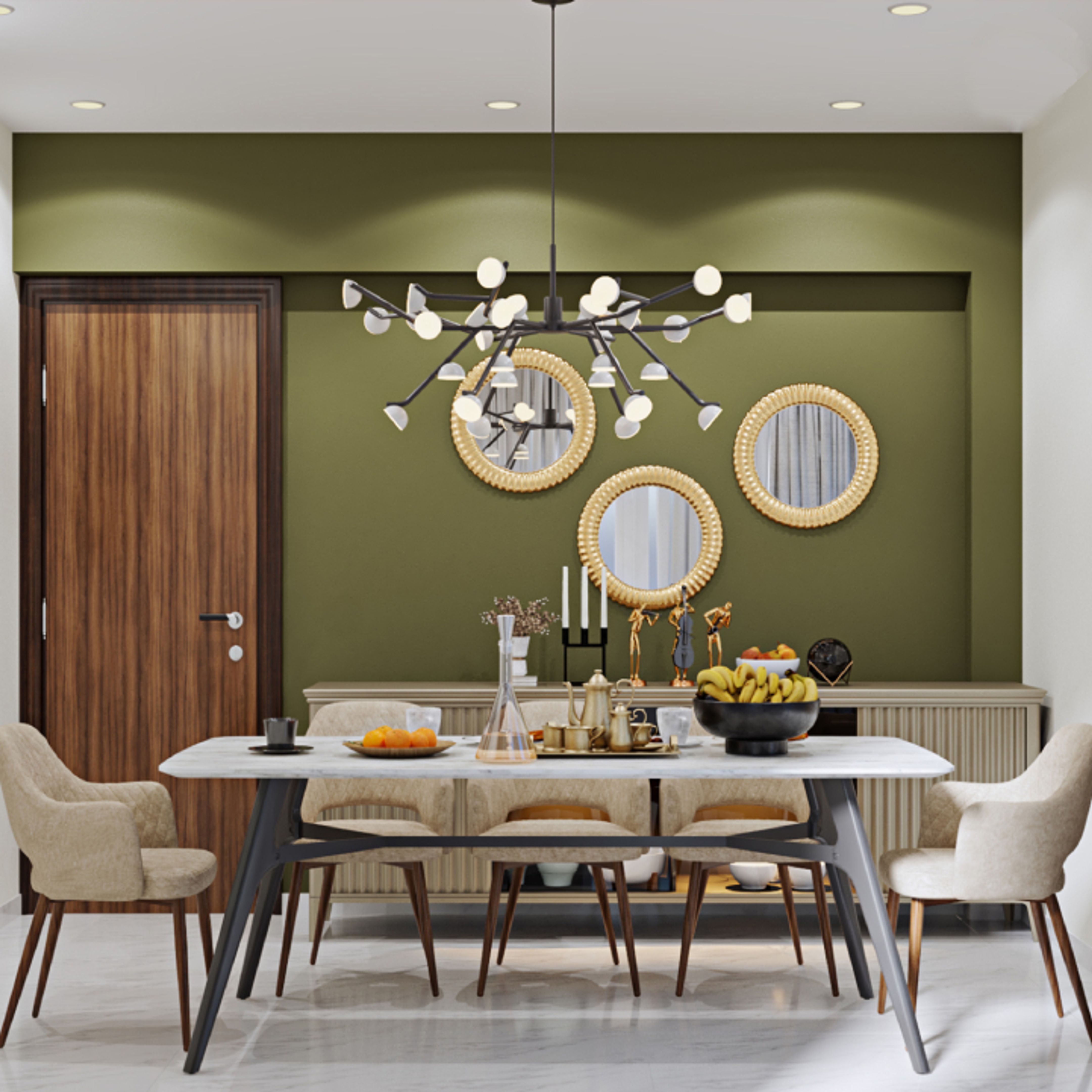 Contemporary Green Wall Paint Design With A Golden Mirror | Livspace