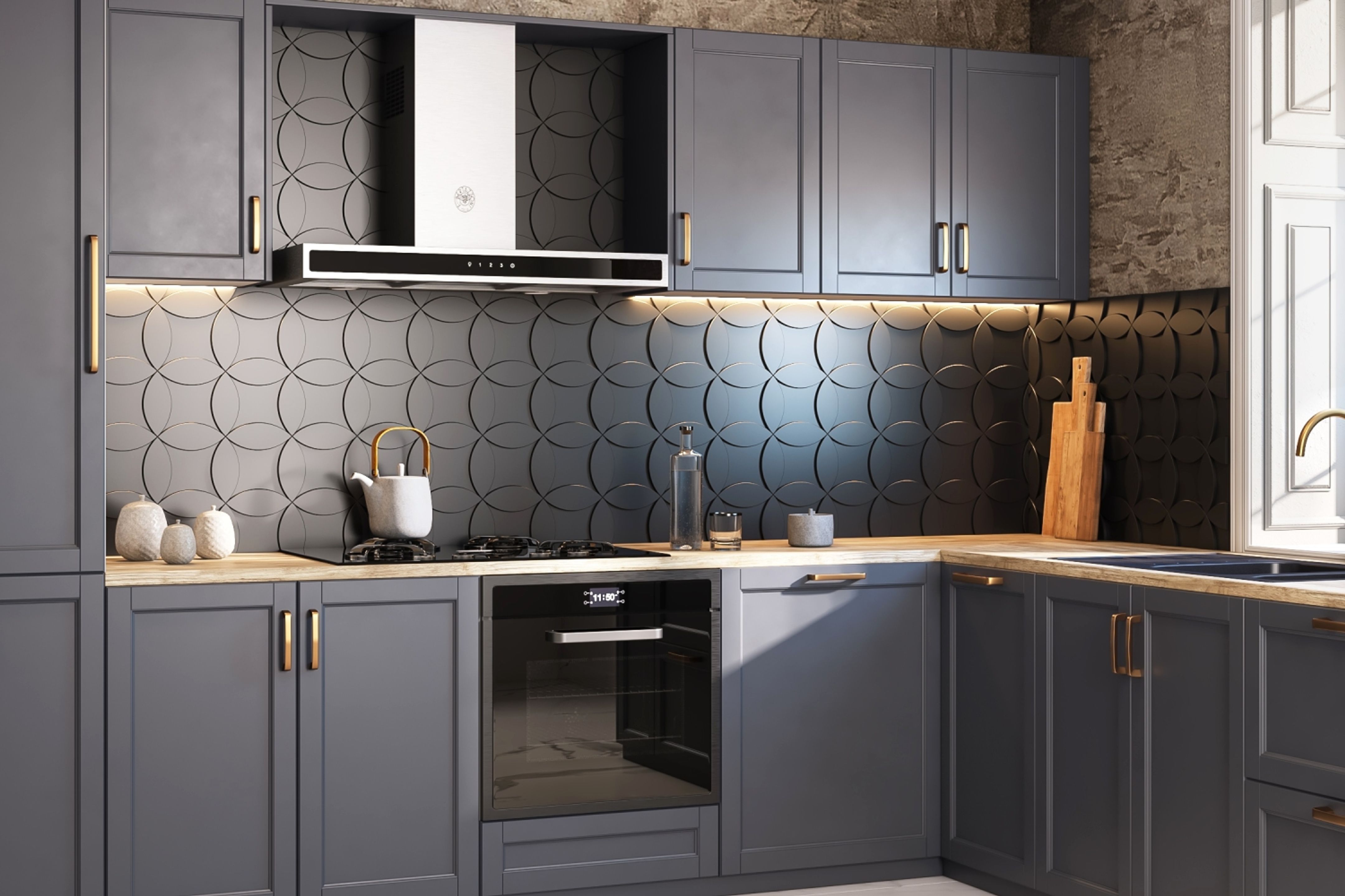 Geometric Circular Grey TIle Design For Kitchen | Livspace