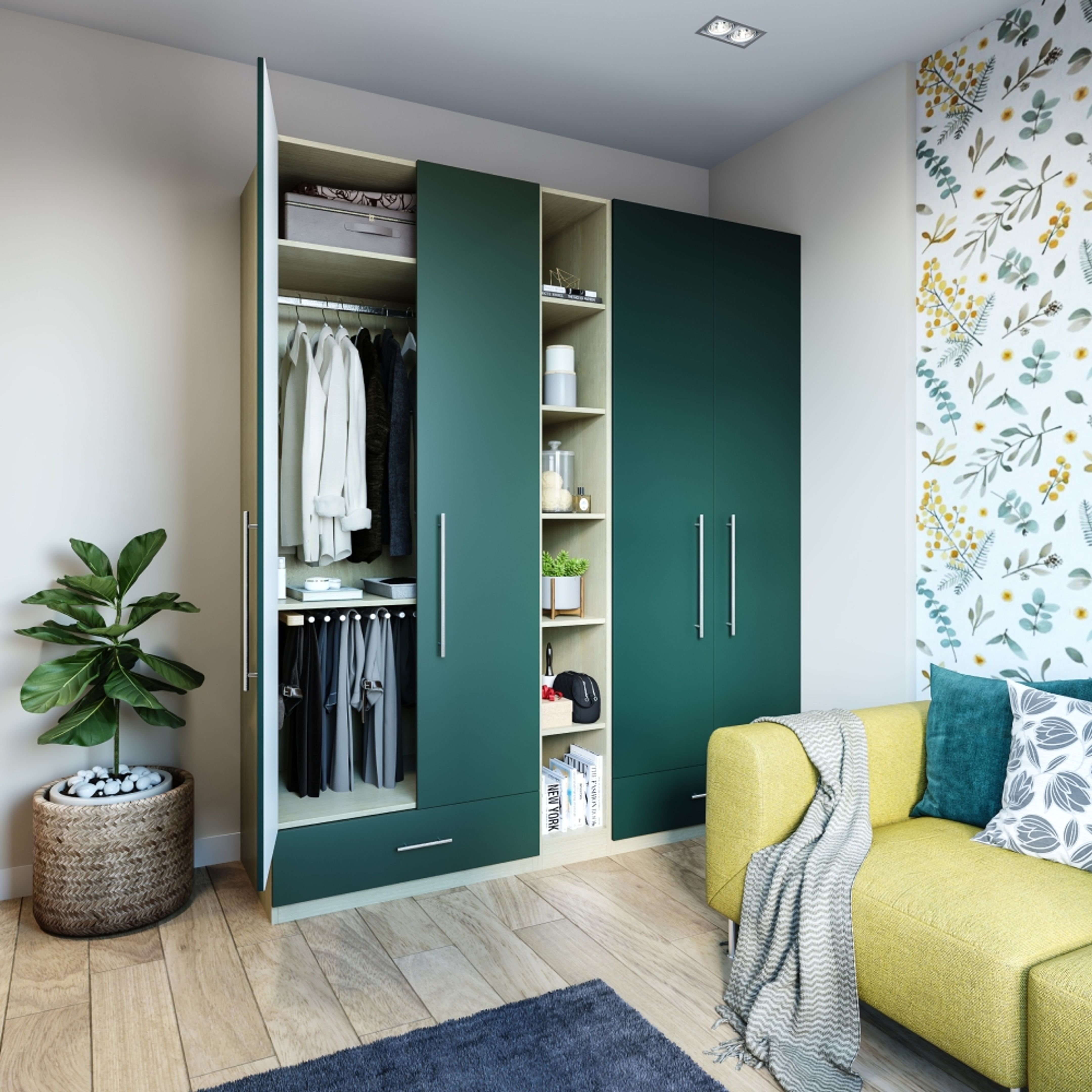 4-Door Caribe Swing Wardrobe Design With Open Shelves | Livspace