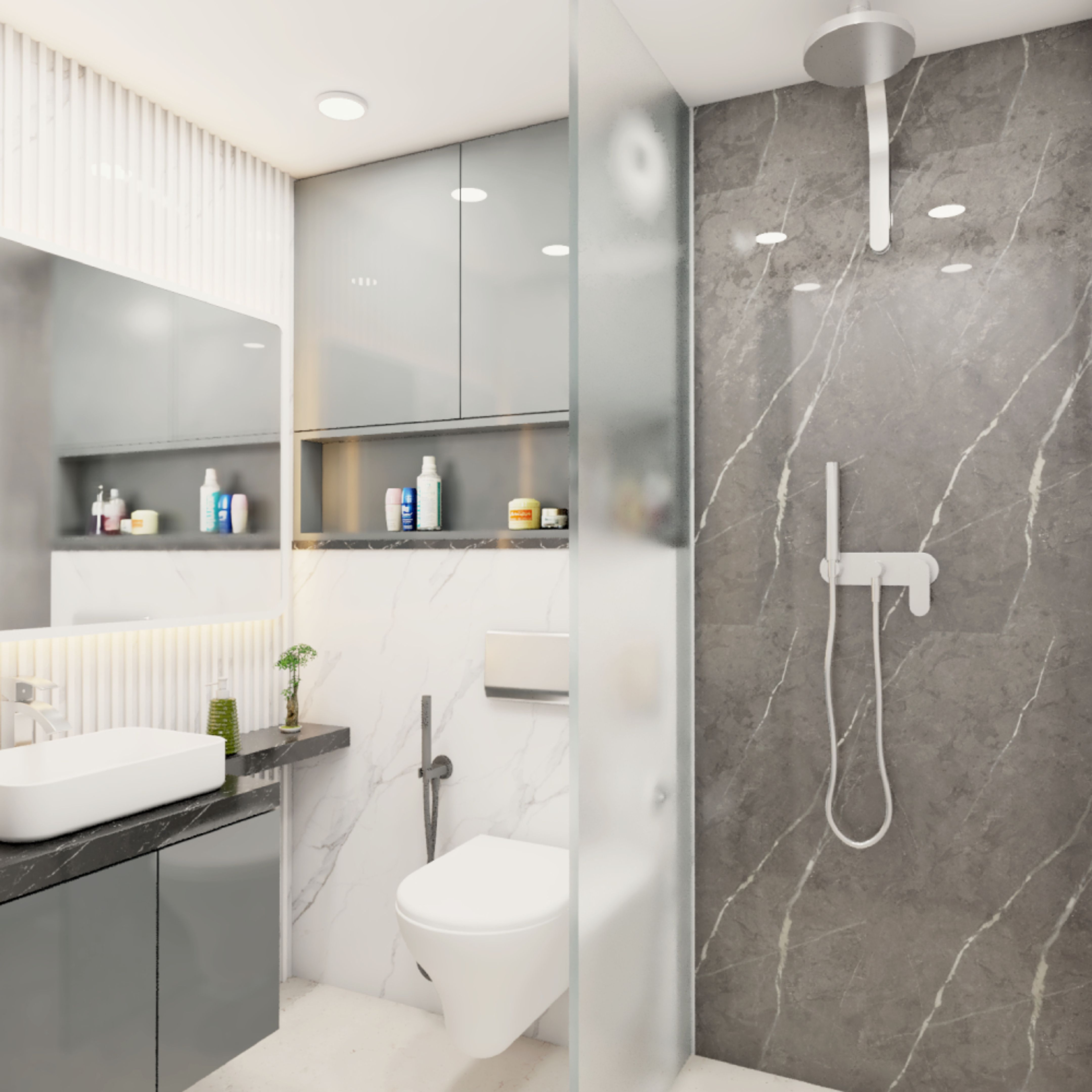 Grey And White Compact Bathroom Design With Dark Grey Vanity Unit And Black Countertop | Livspace