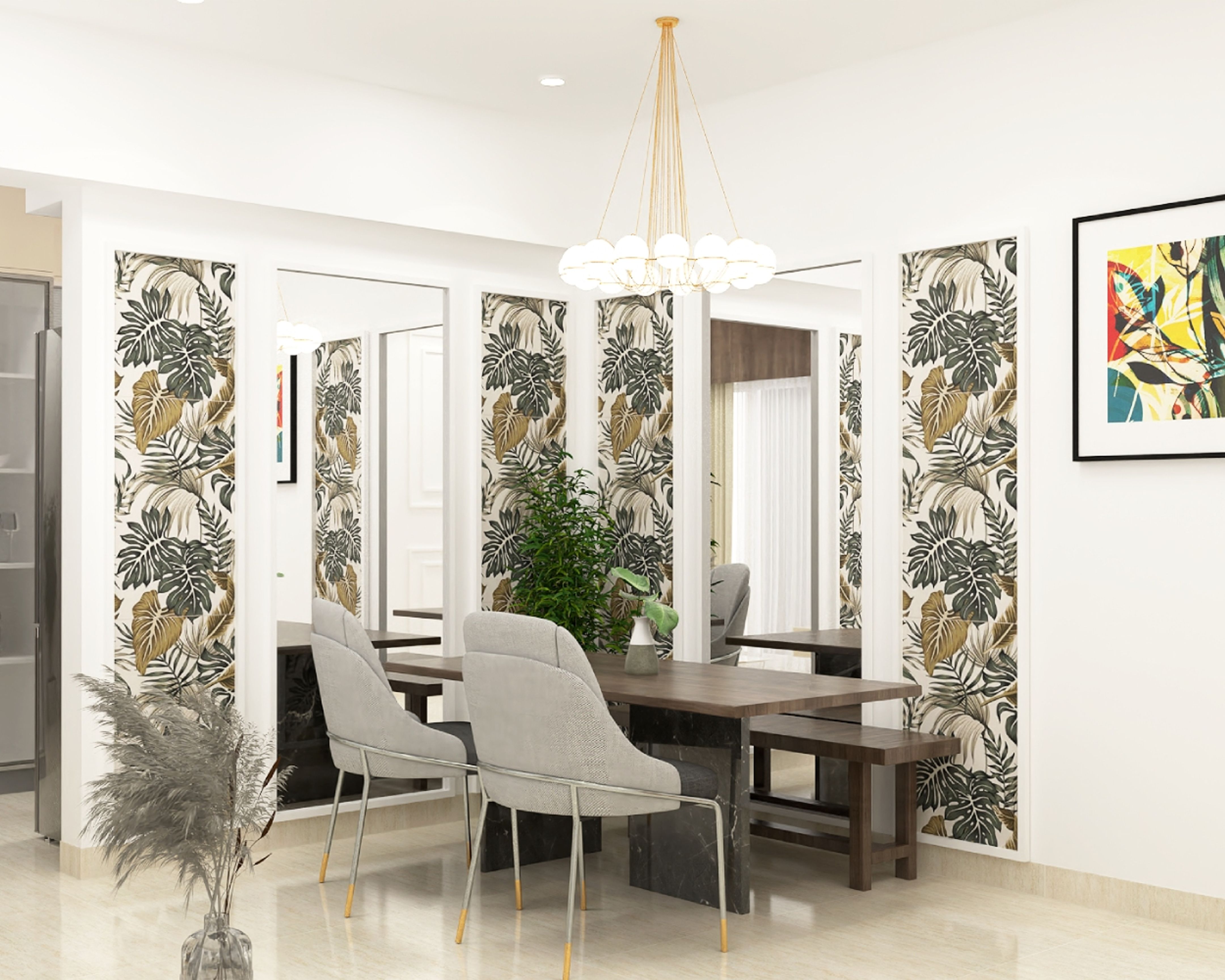 Compact Dining Room Design With 2-Seater Grey And Wood Dining Table And ...