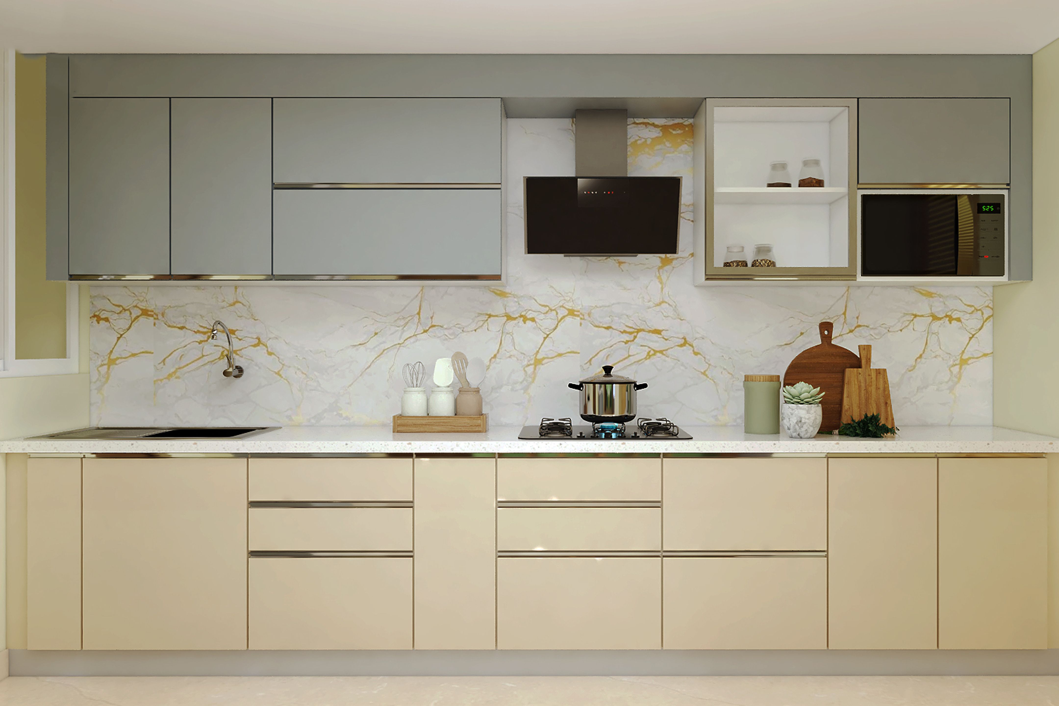 Modular Grey And Cream-Toned Open Kitchen Design With Marble Kitchen ...