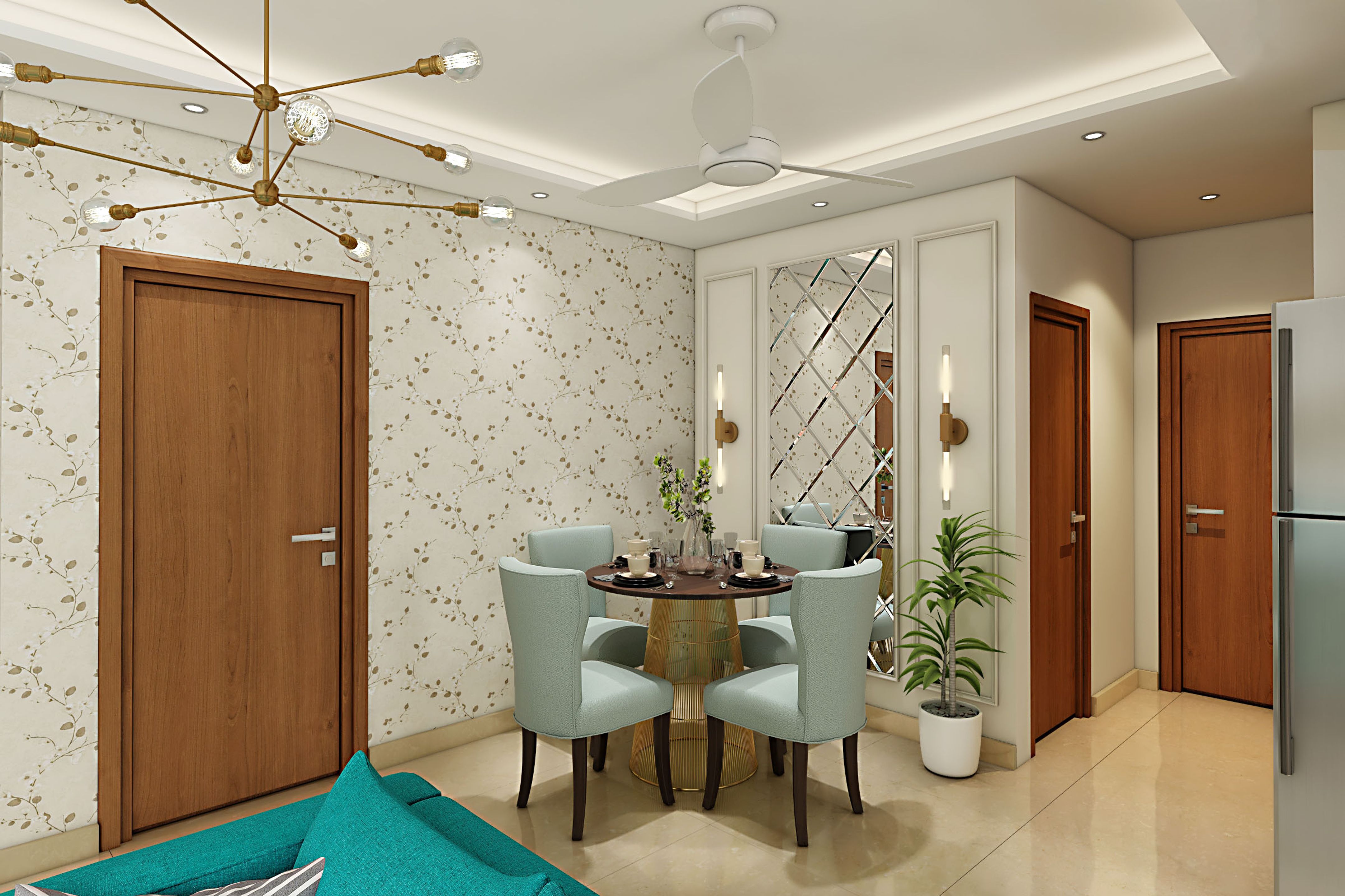 4-Seater Dining Room Design With Leafy Wallpaper And Bevelled Mirror Panel | Livspace