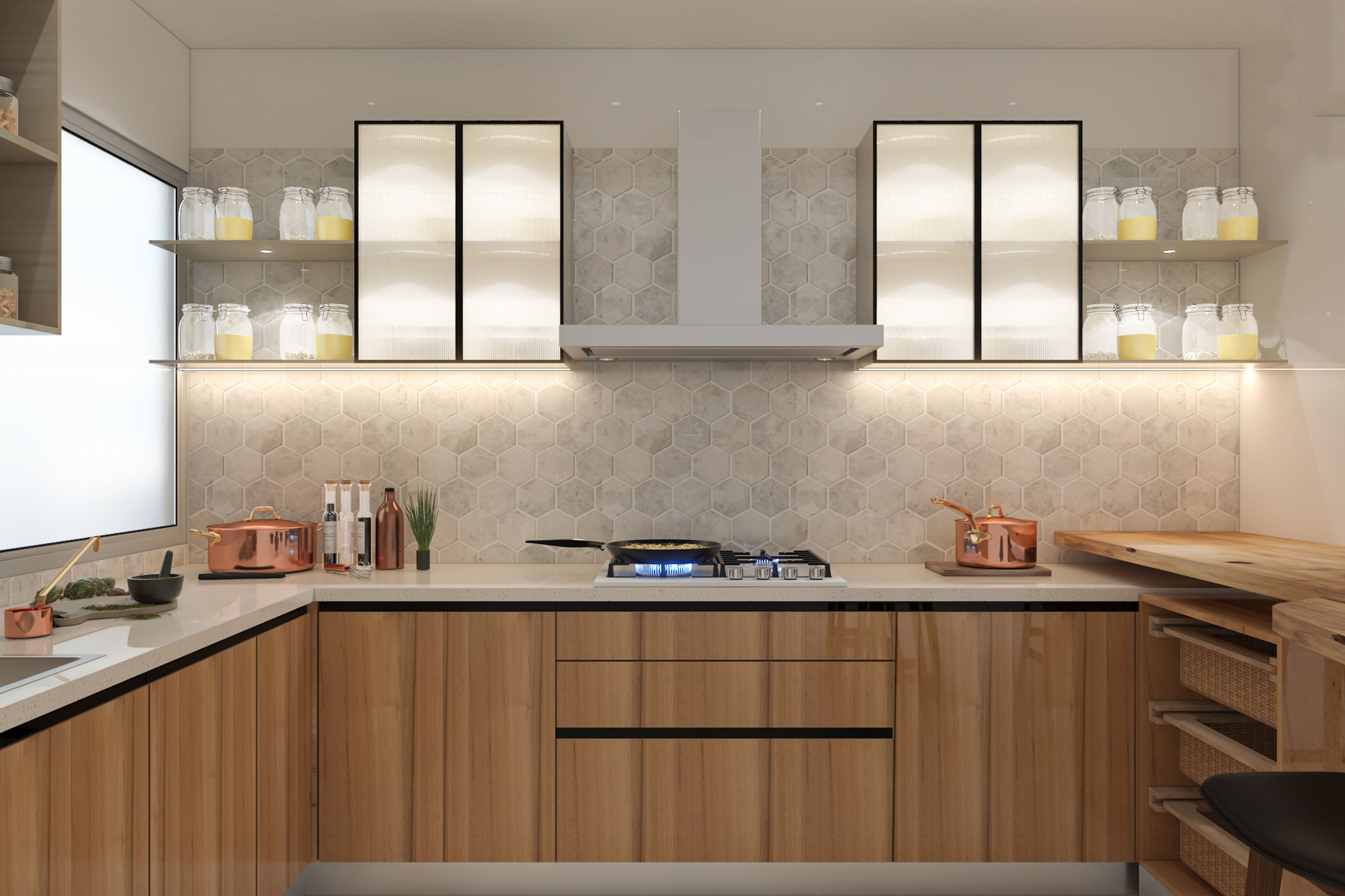 U-Shaped Wooden Kitchen Design With Hexagonal Grey Textured Backsplash ...