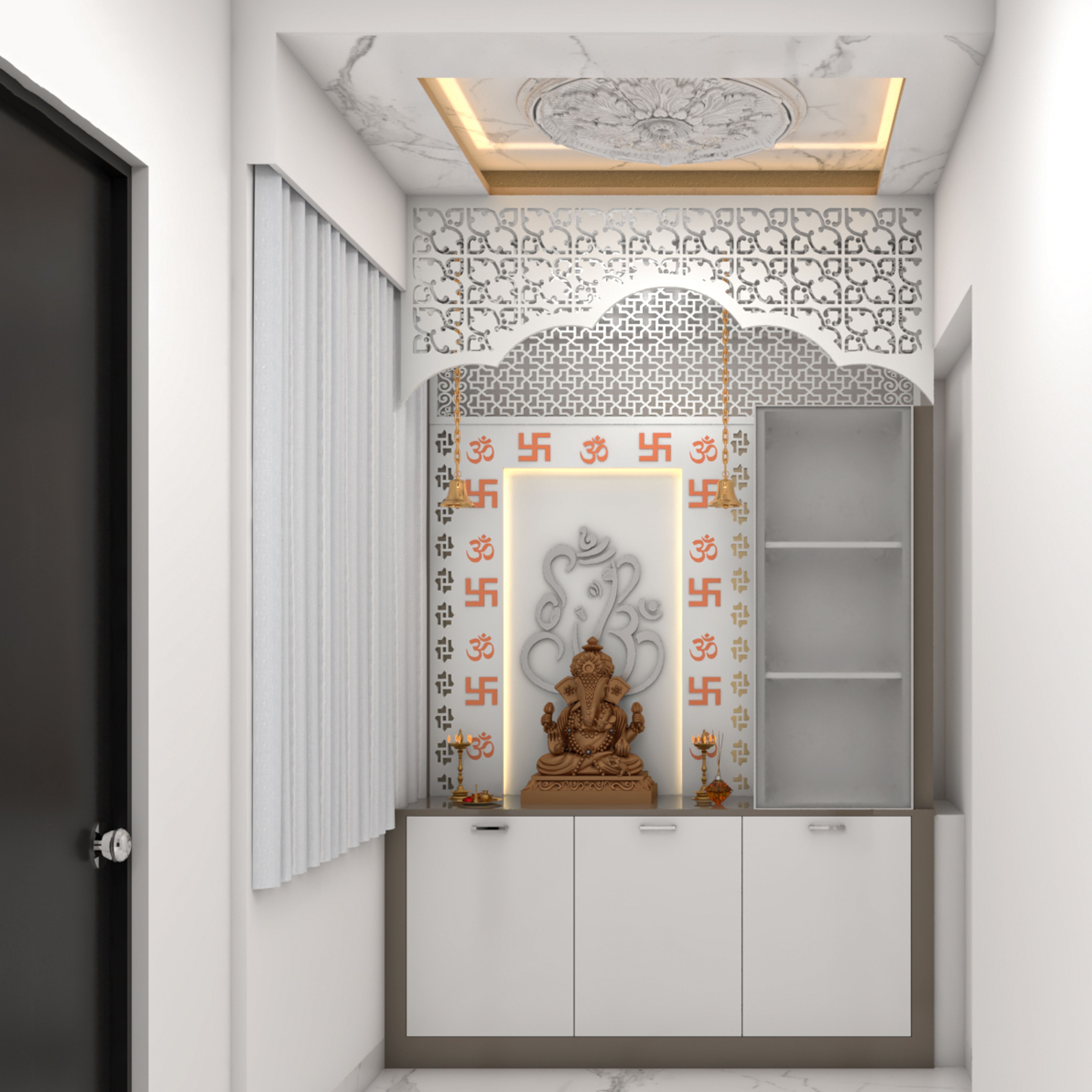 Contemporary Frosty White Floor Mount Pooja Mandir Design | Livspace