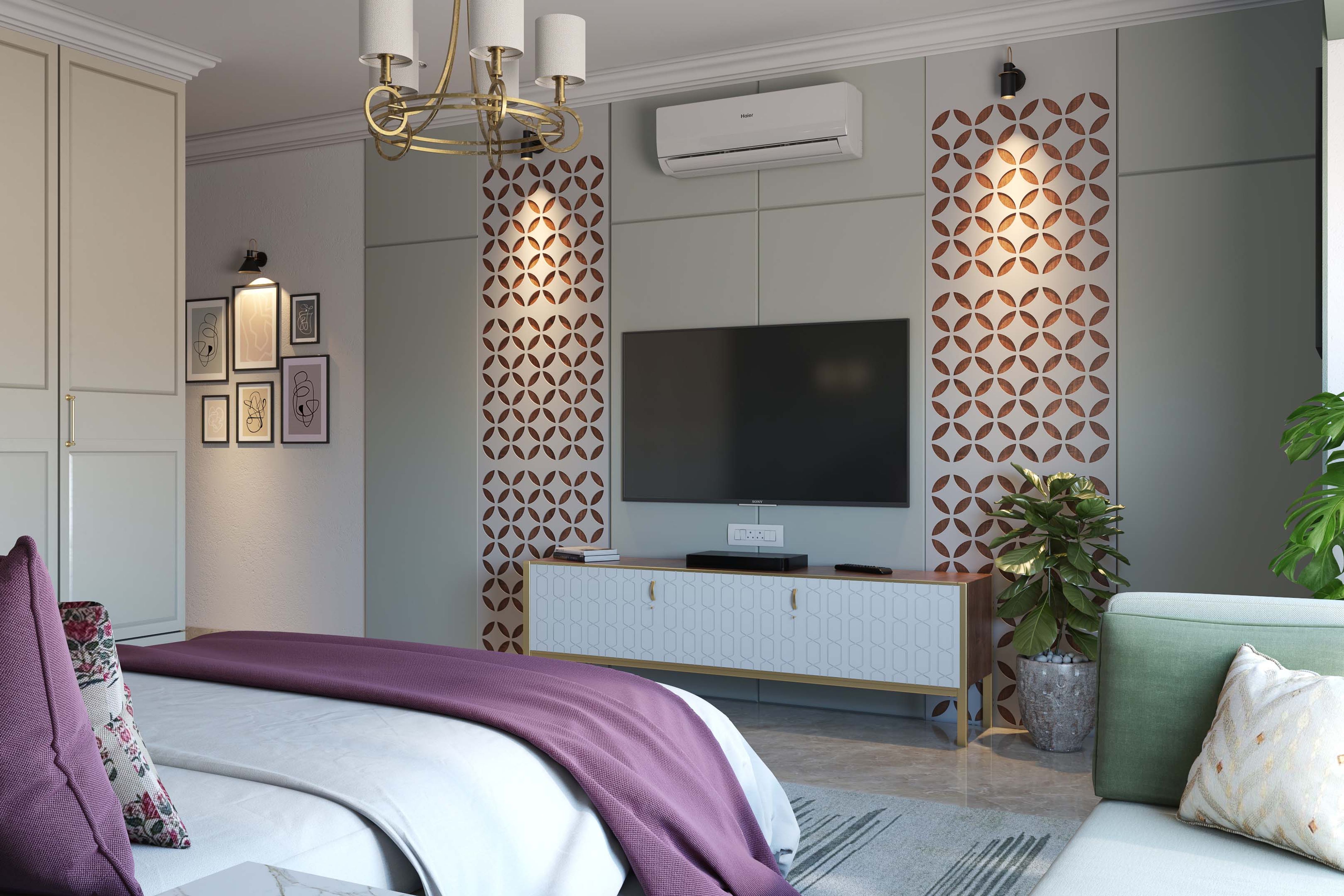 Floor-Mounted White TV Unit Design With CNC-Cut Grey Back Panel | Livspace