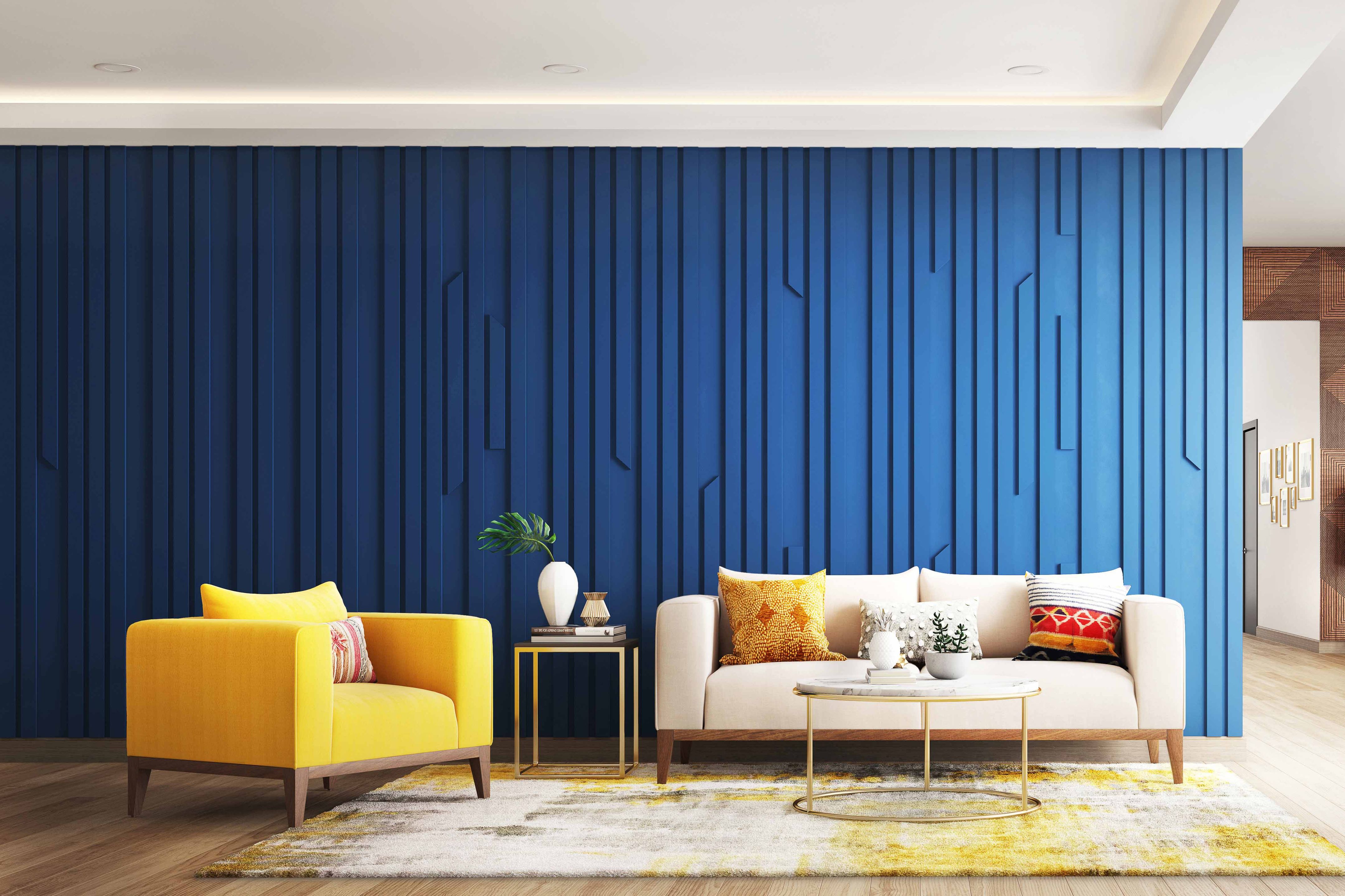 Blue 3D Wall Design For Living Rooms With Wall Panelling | Livspace