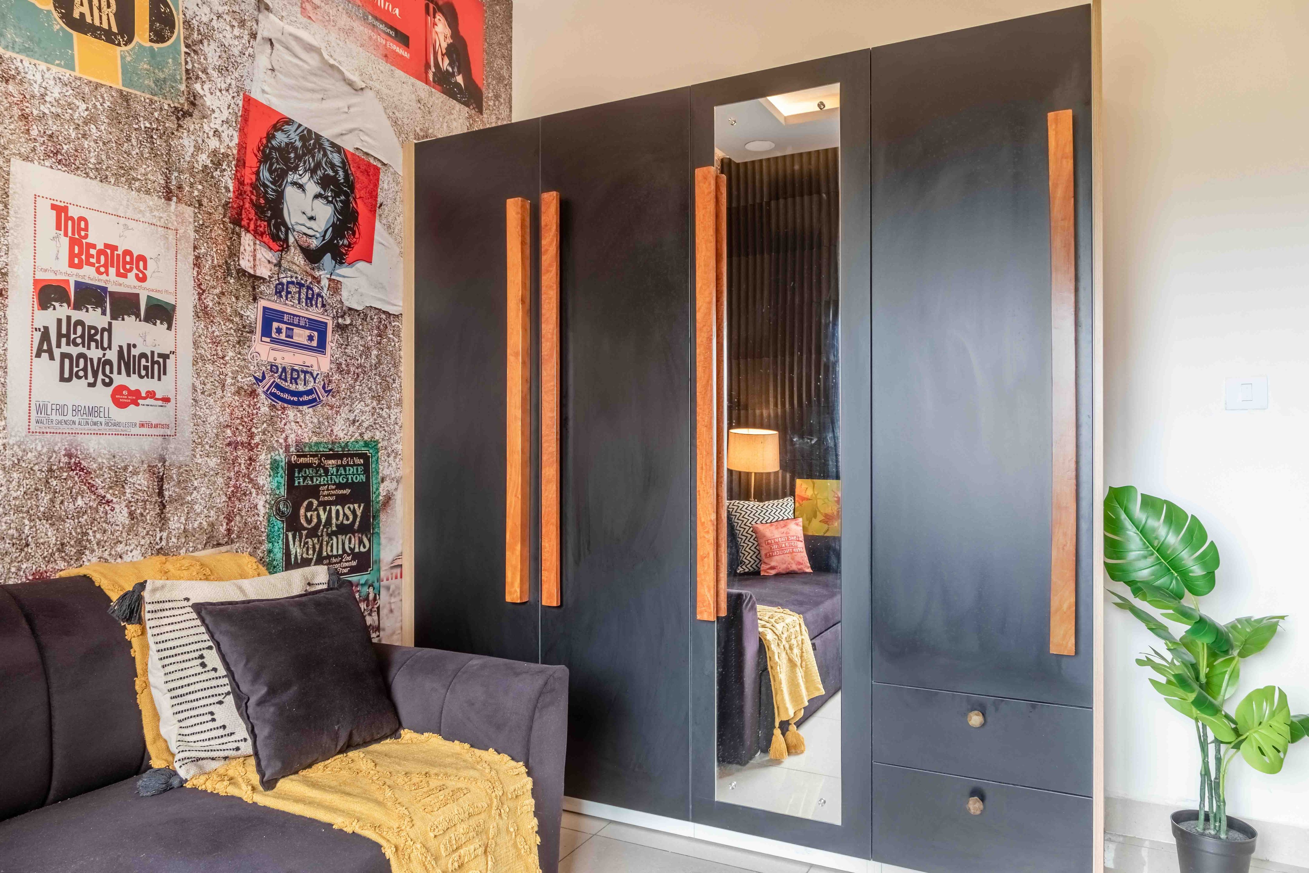 4-Door Black Space Saving Wardrobe With Mirror And Wooden Handles ...