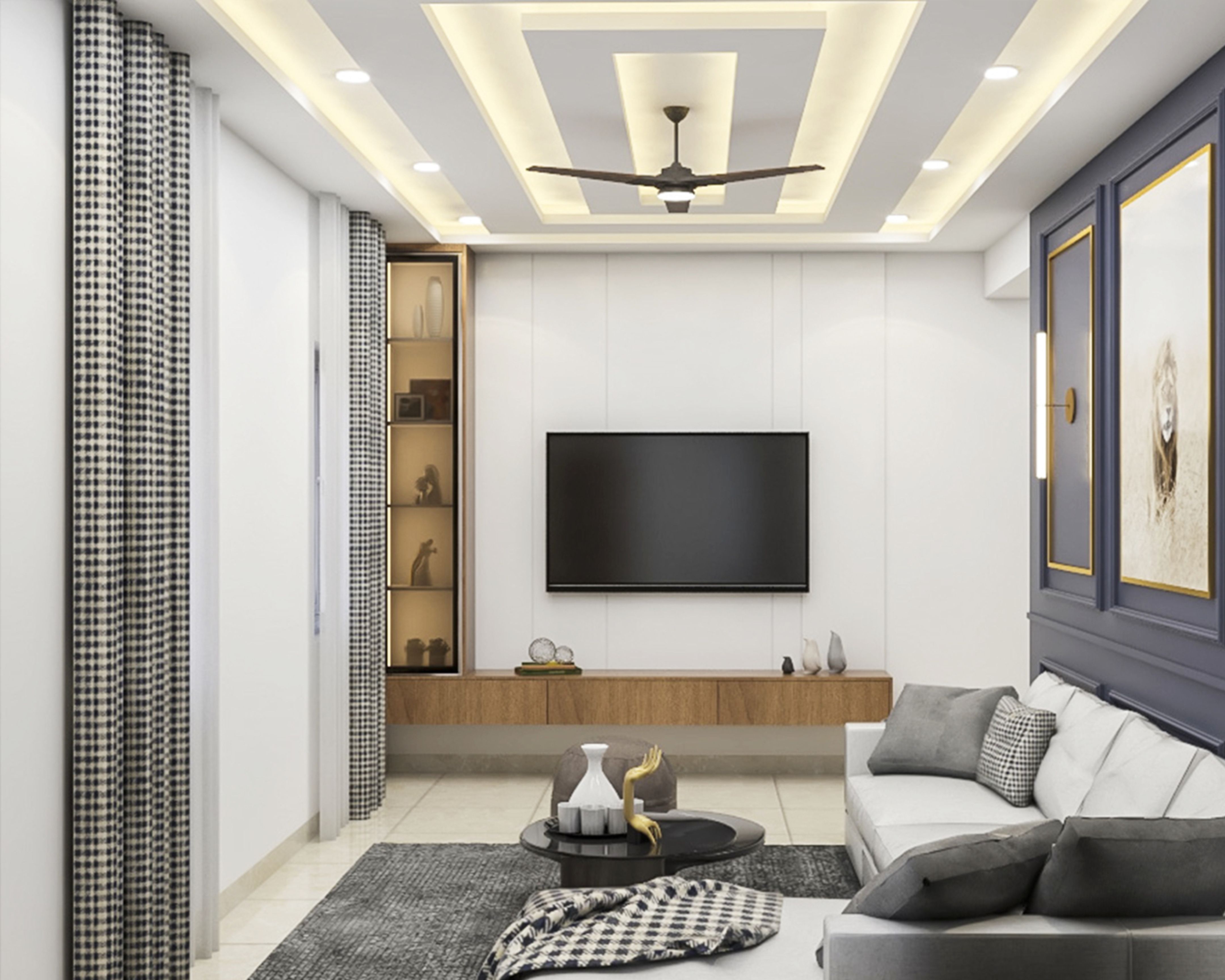 White Triple Layered Gypsum Ceiling Design With Recessed Lights And