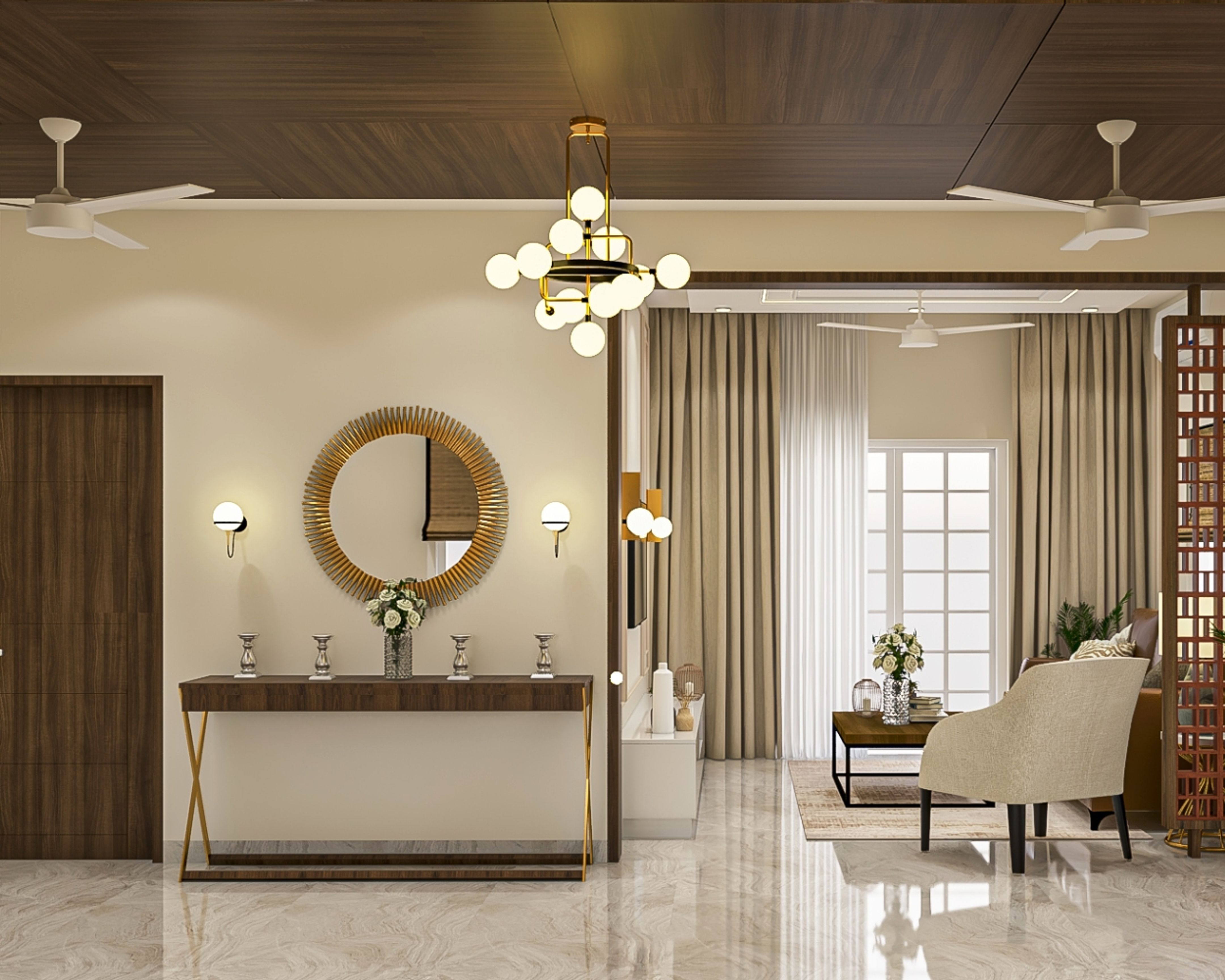 Beige Contemporary Foyer Design With Wooden Table And Circular Wall ...