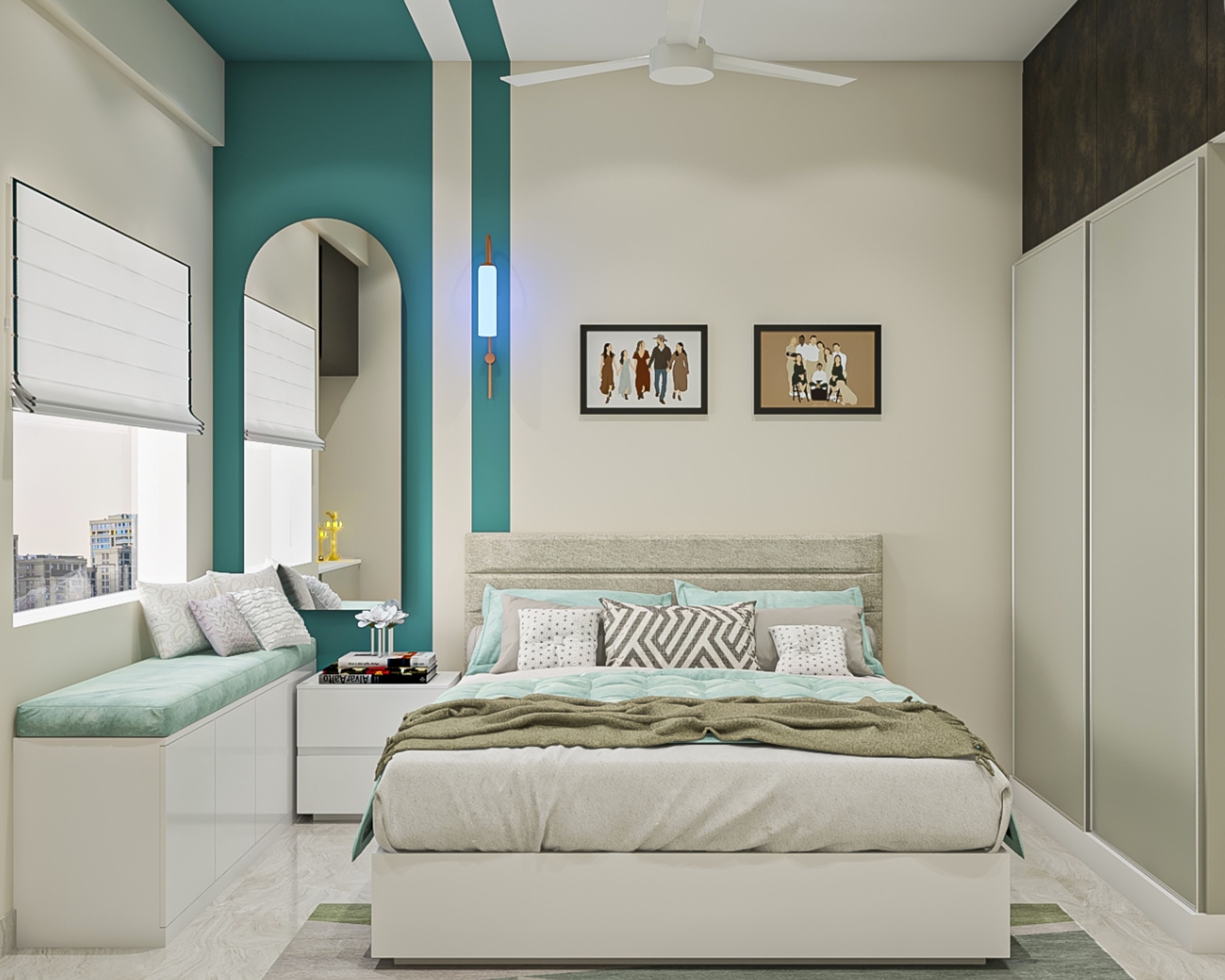 Turquoise And Beige Guest Room With 2-Door Sliding Wardrobe And Bay ...