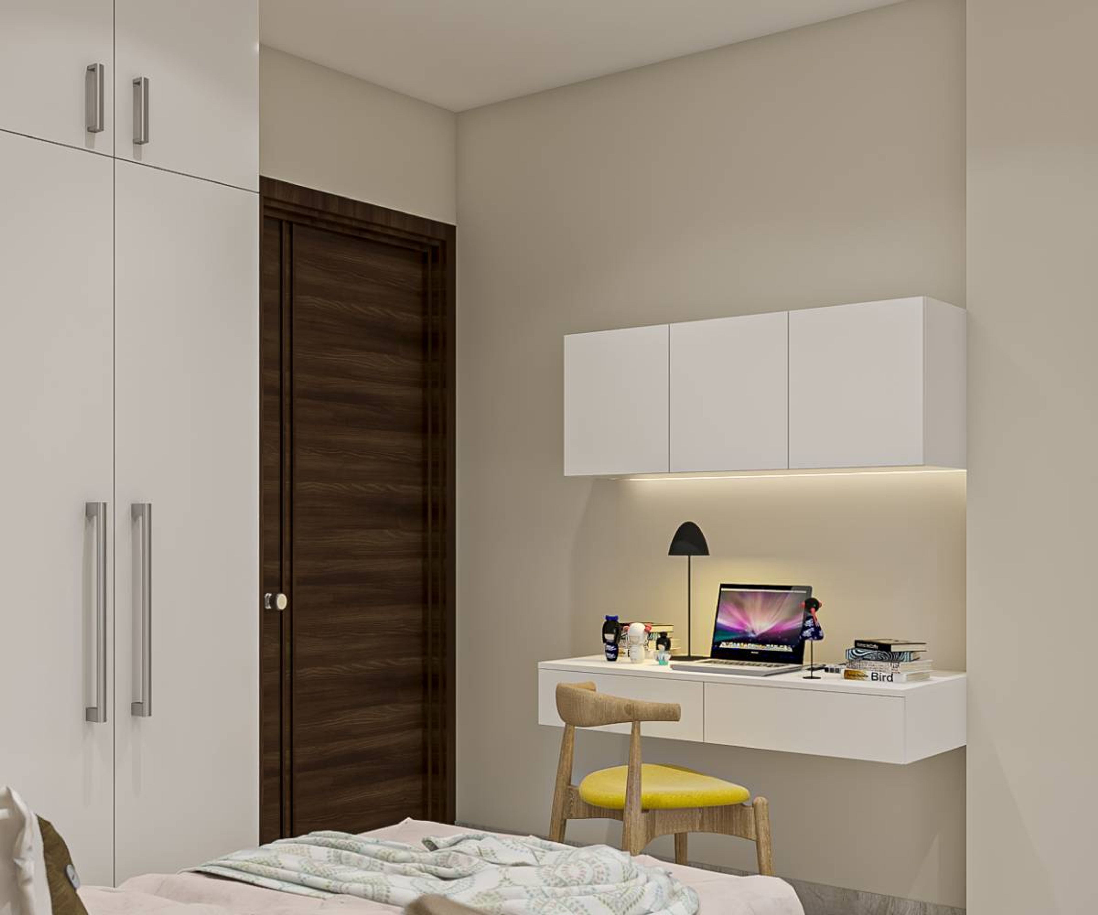 Frosty White Home Office Design With Compact Study Table And Wooden ...