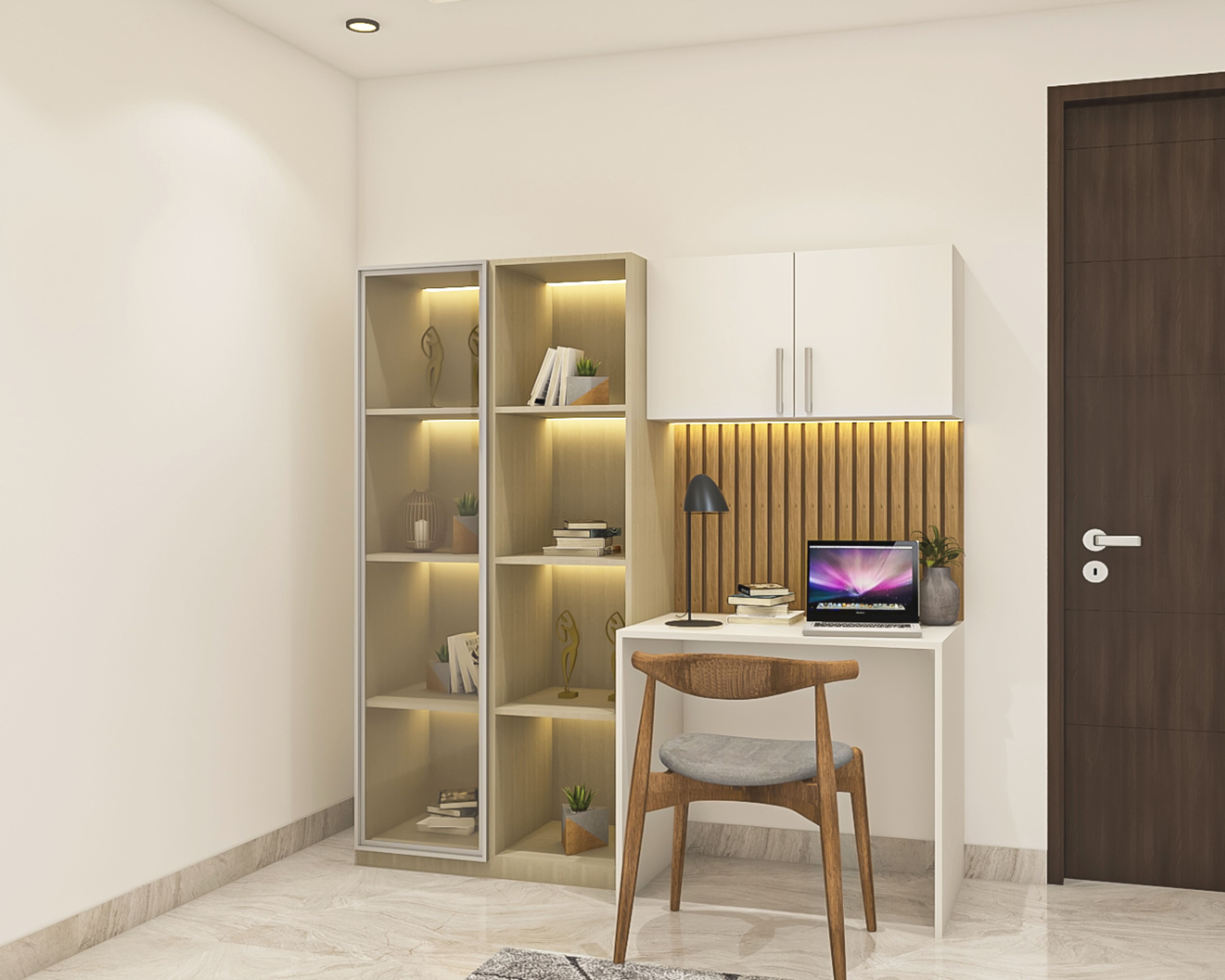 Home Office Design With Compact White Study Unit And Light Wood Glass ...