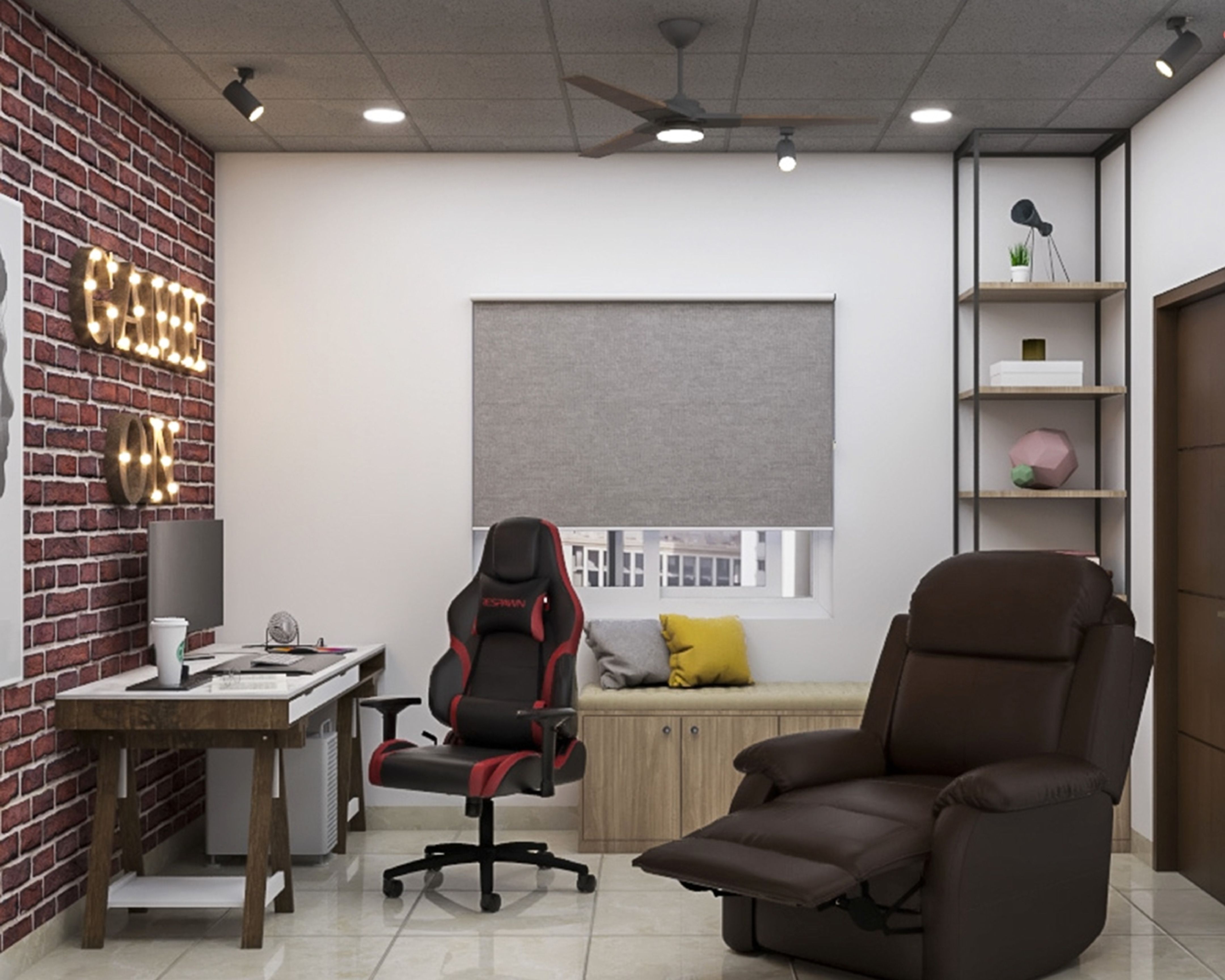 Home Office Design With Red Brick Accent Wall And Wooden Wall Wording ...