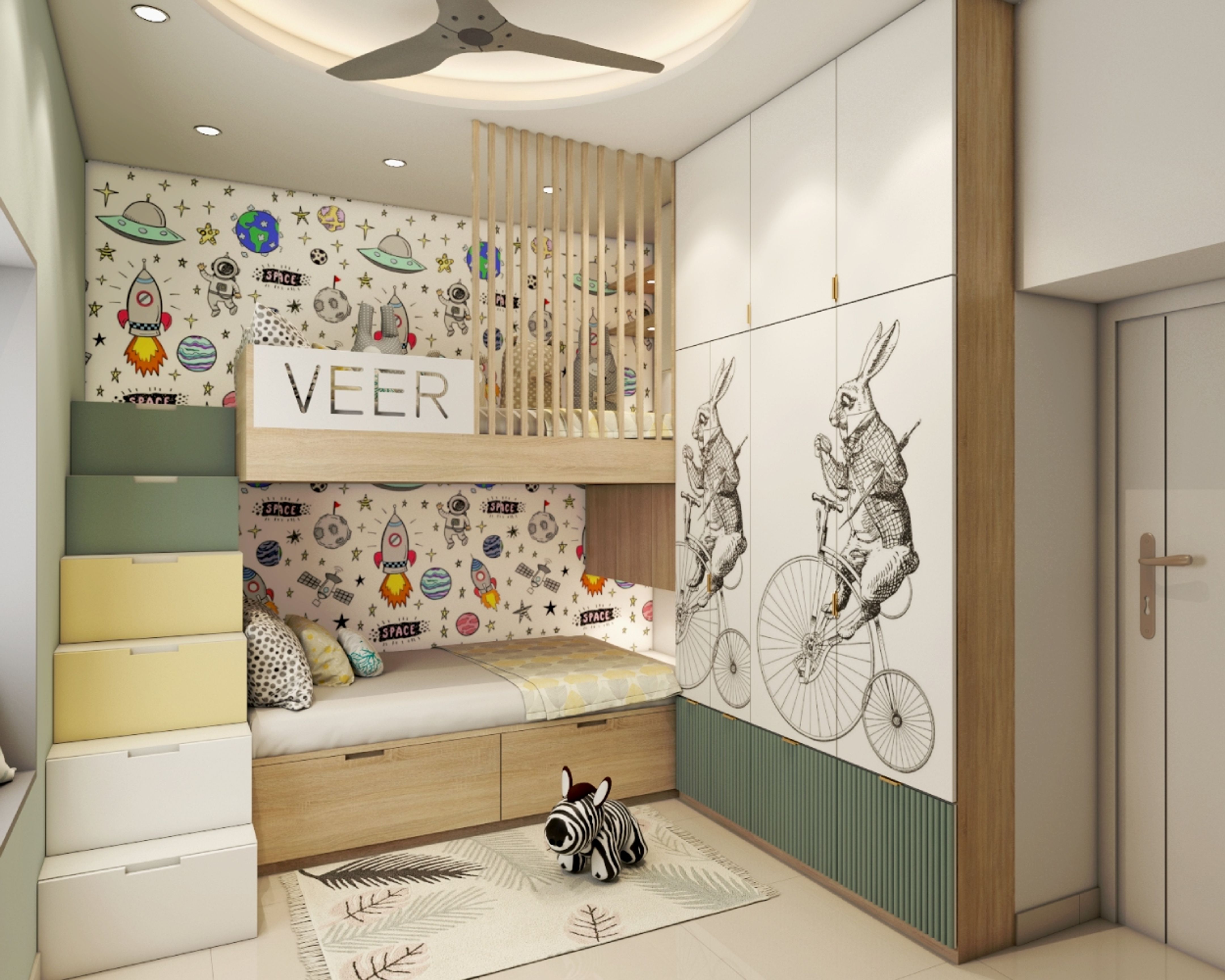 Spacious Kids Room Design With Wooden Bunk Bed And Double 3-Door White ...