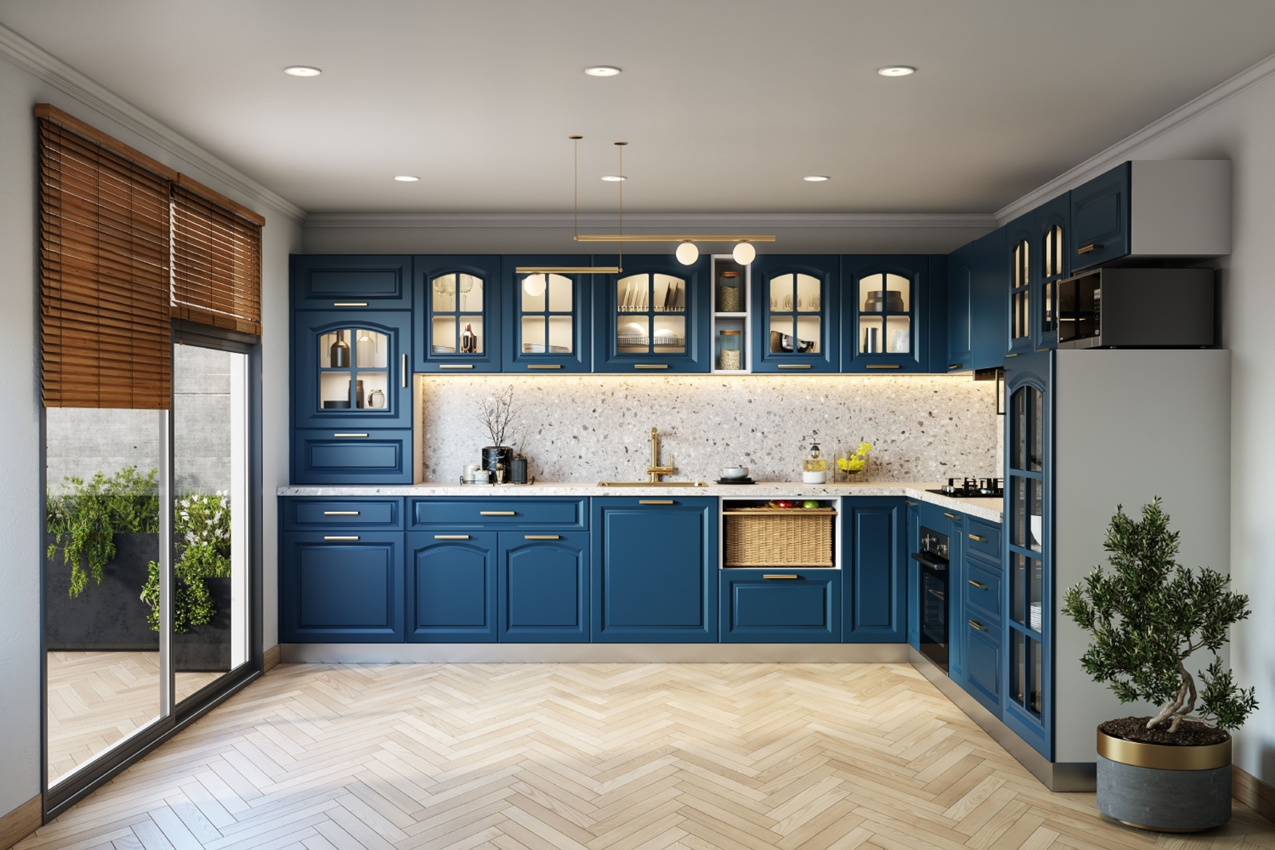 Spacious Blue L Shape Kitchen Design With Indian Design Aesthetics ...