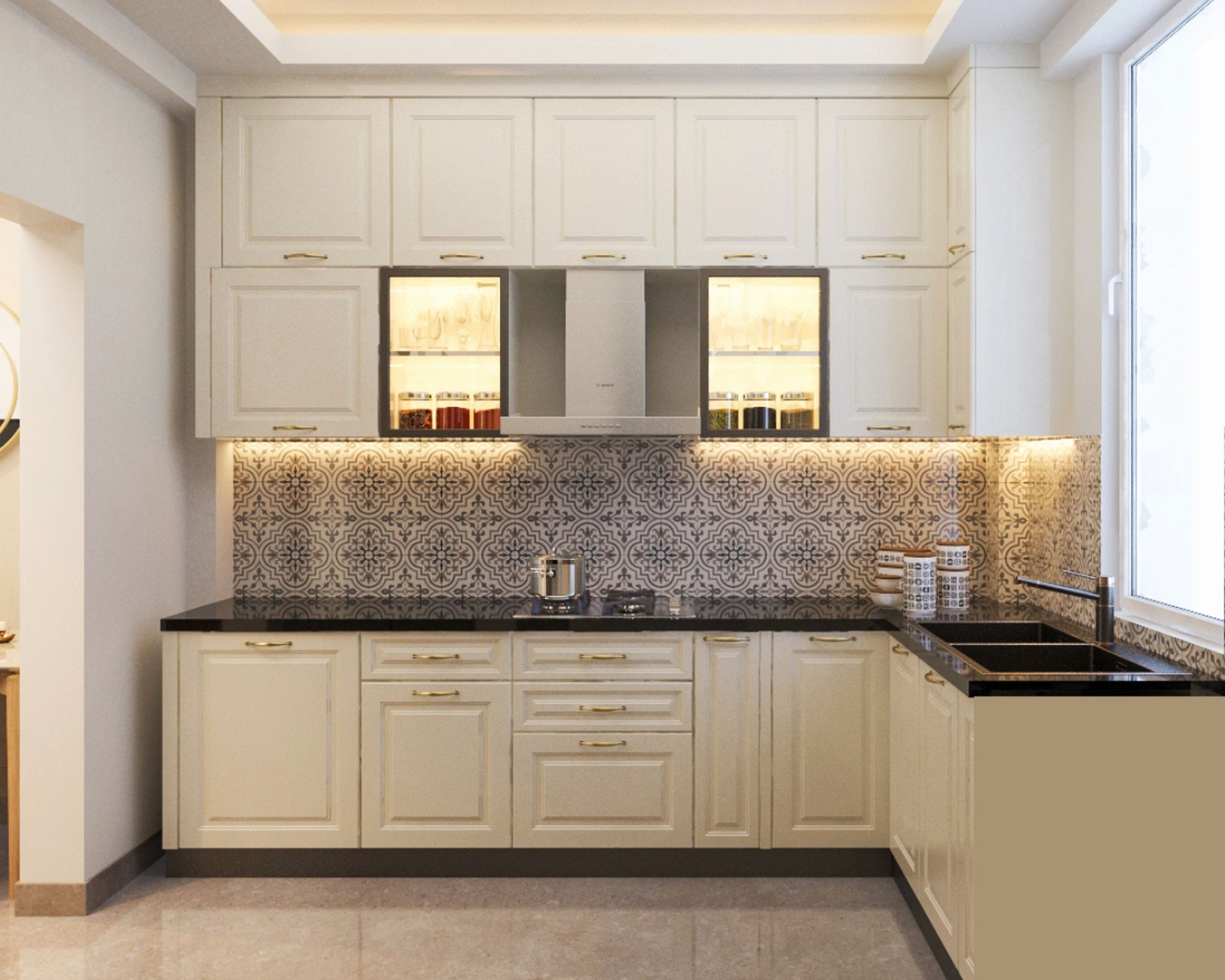 Cream-Toned Blossom Magnolia Kitchen Cabinets With Moroccan Backsplash ...