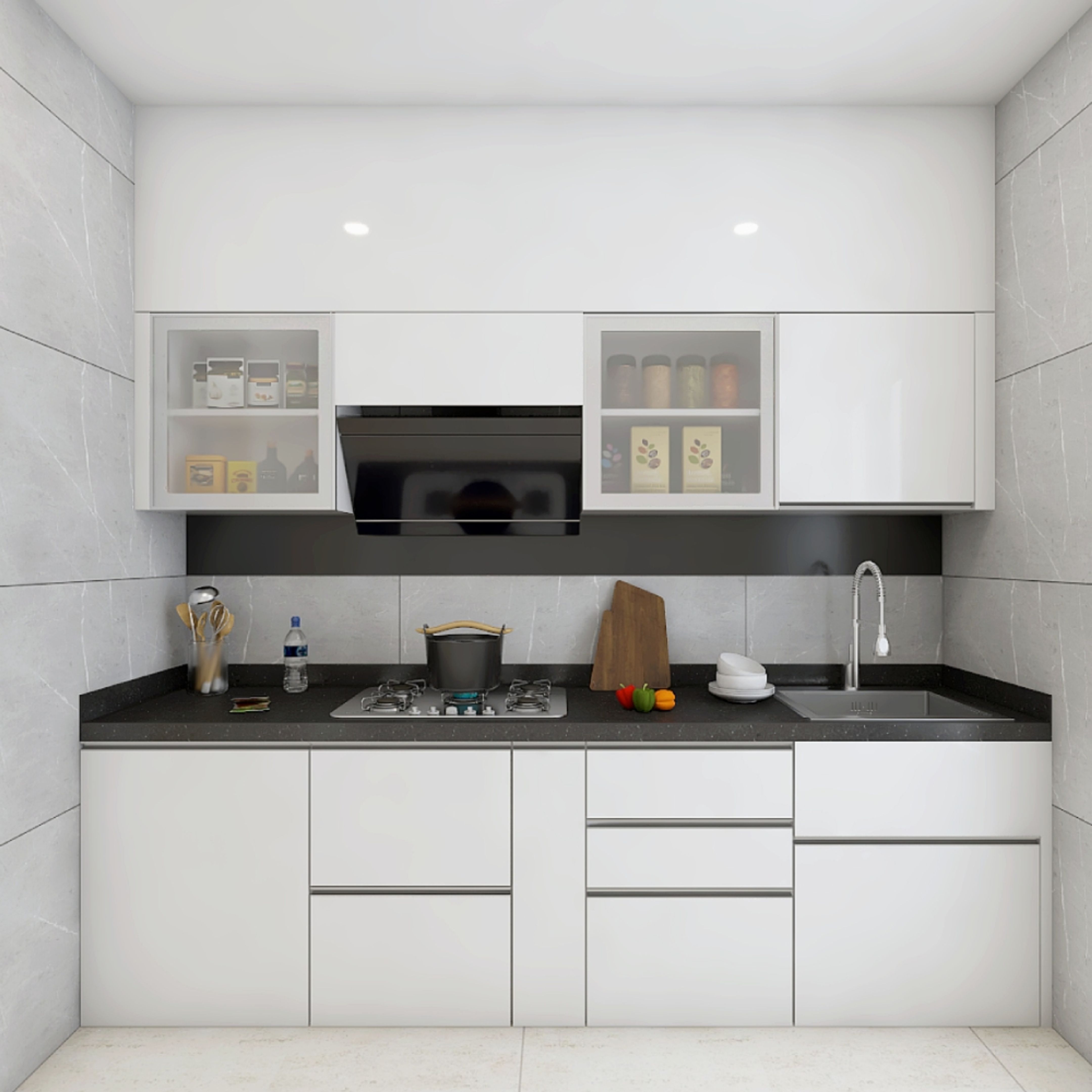 Frosty White Minimal Straight Kitchen Design With Black Countertop ...