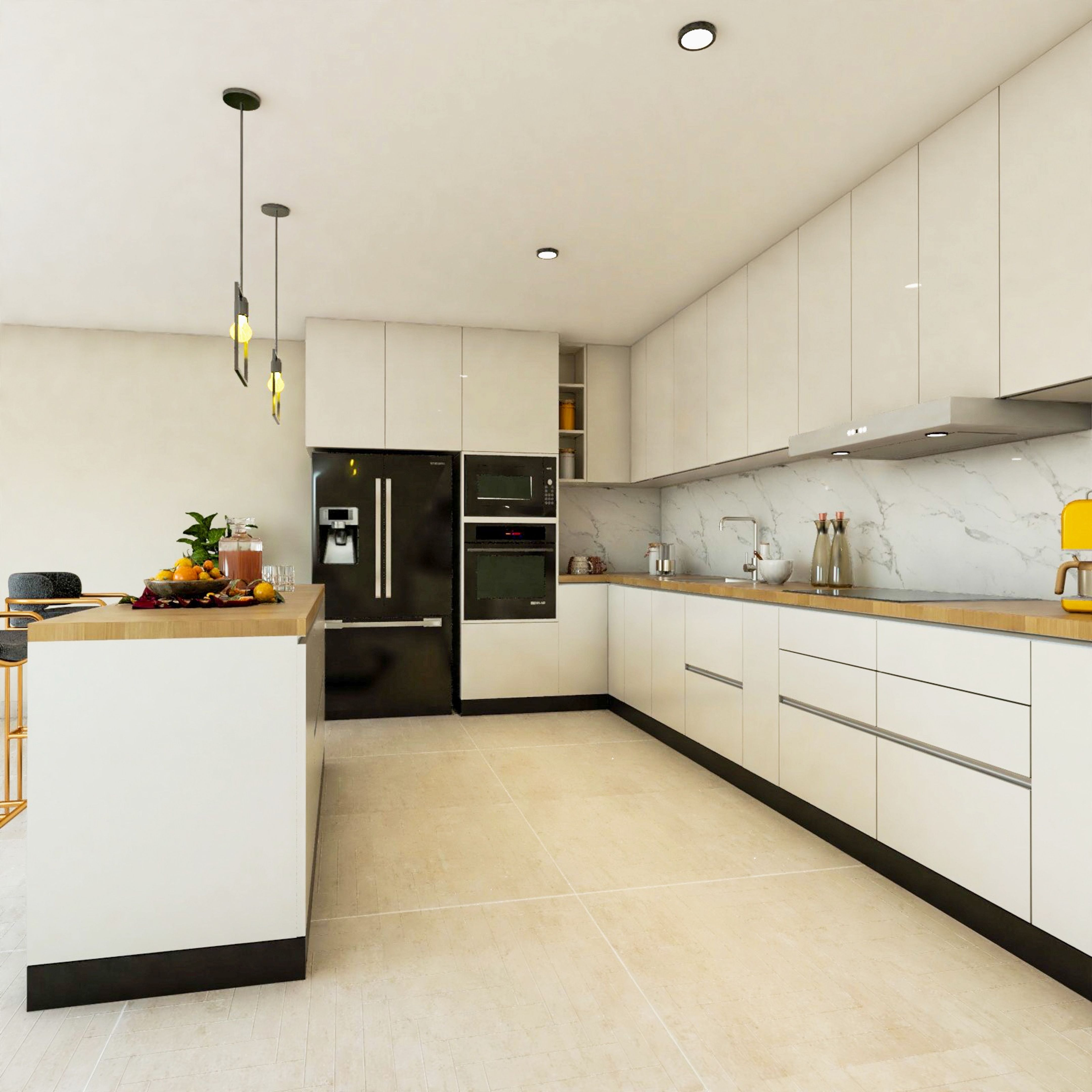 All-White Glossy Modular Island Kitchen Design With Wooden Countertop ...