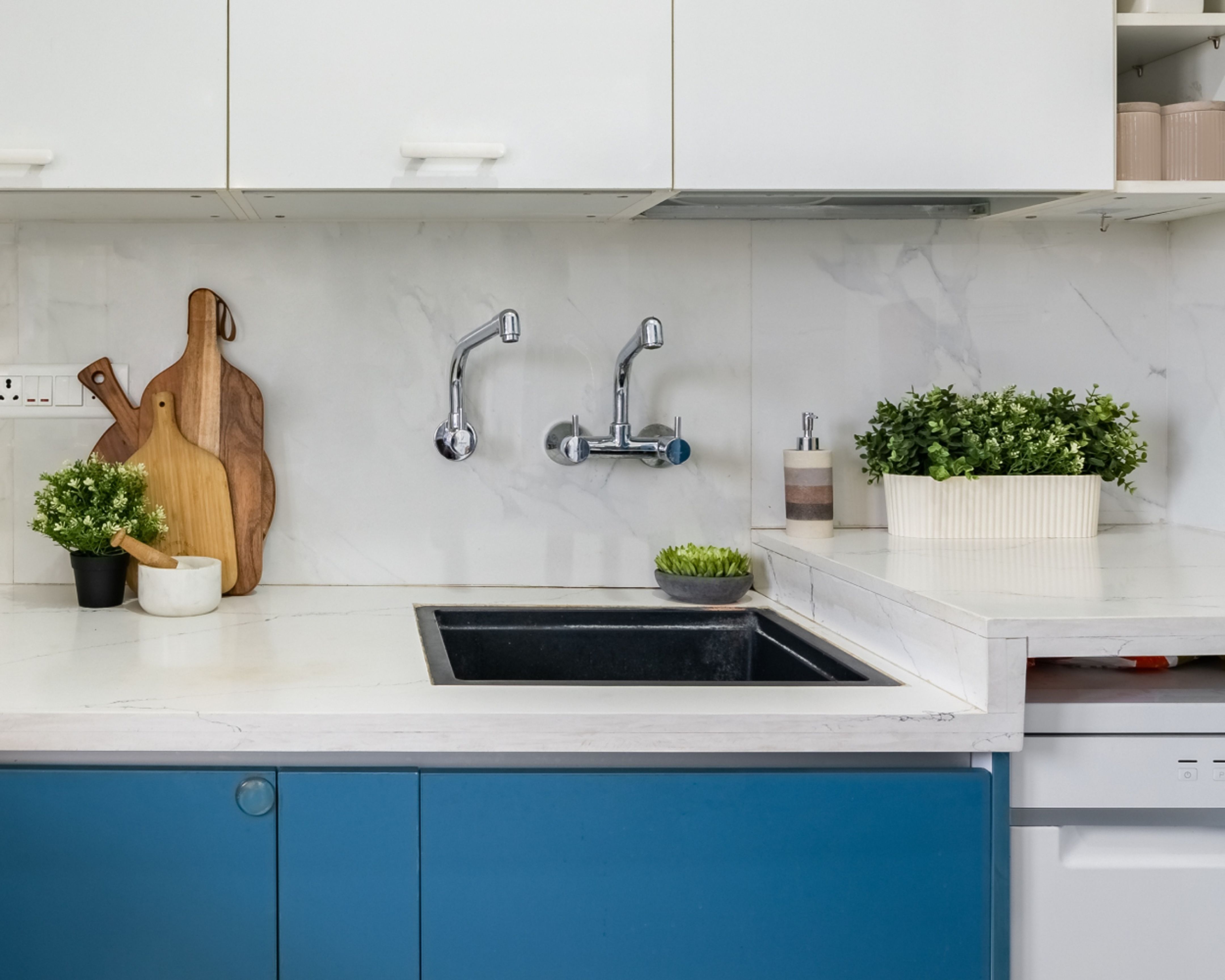 Single Bowl Top Mount Quartz Kitchen Sink With Blue And White Cabinets ...