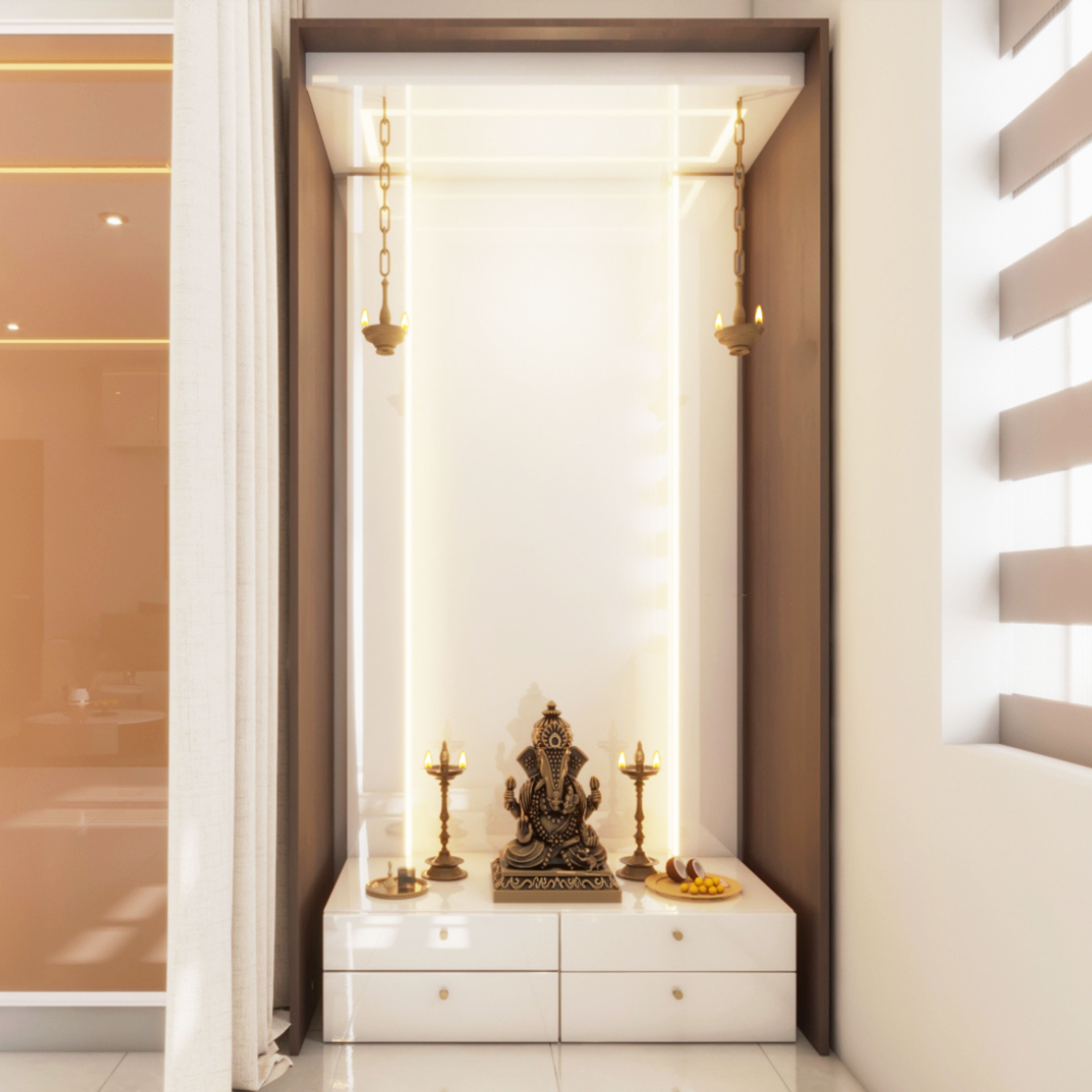 Floor-Mounted Mandir Design With White Drawer Storage And Wooden Side ...
